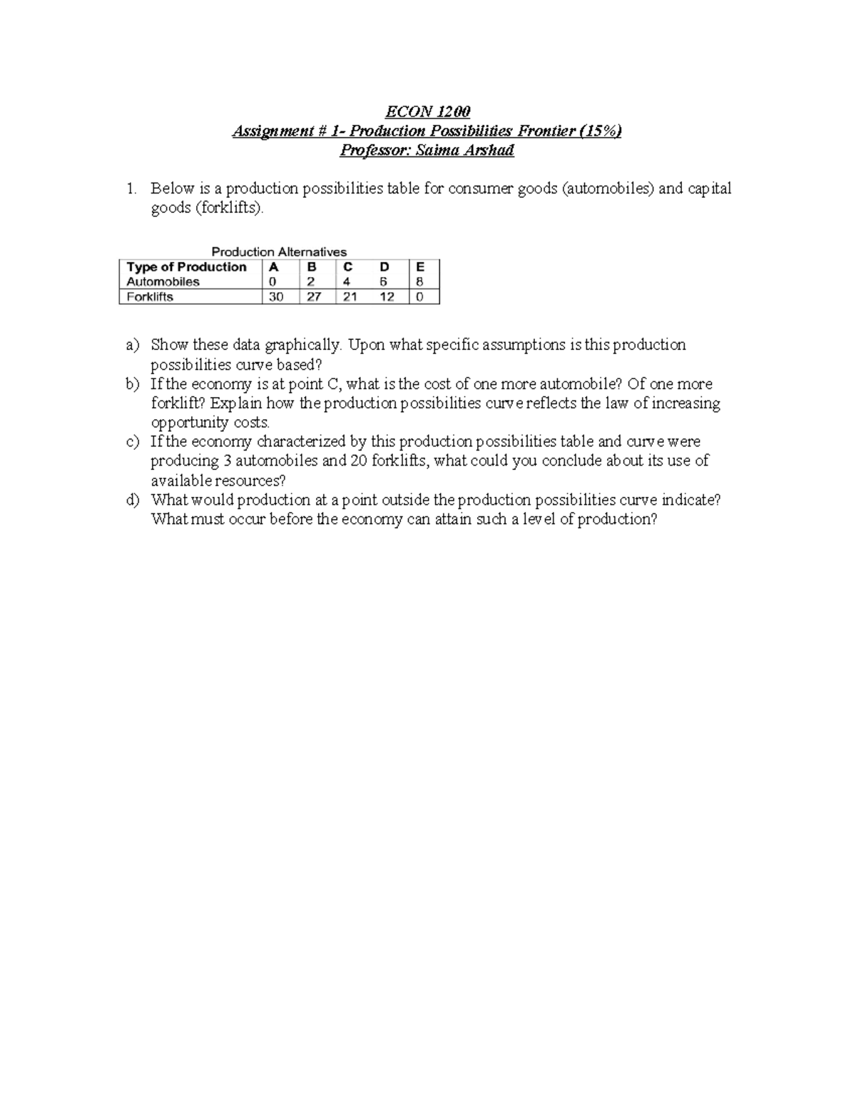 ECON 1200-Assignment # 1-Production Possibilities Frontier - ECON 1200 ...