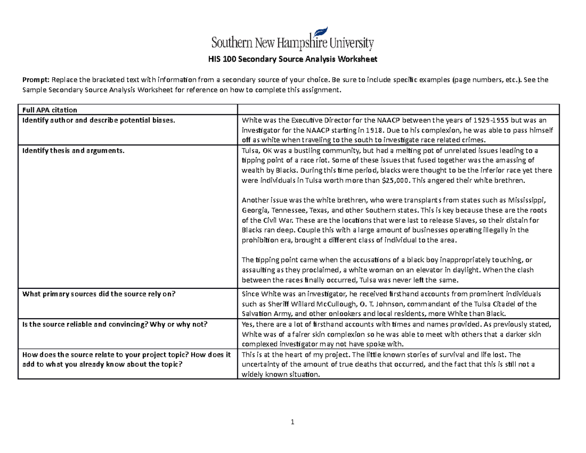 HIS 100 Secondary Source Analysis Worksheet - HIS 100 Secondary Source ...