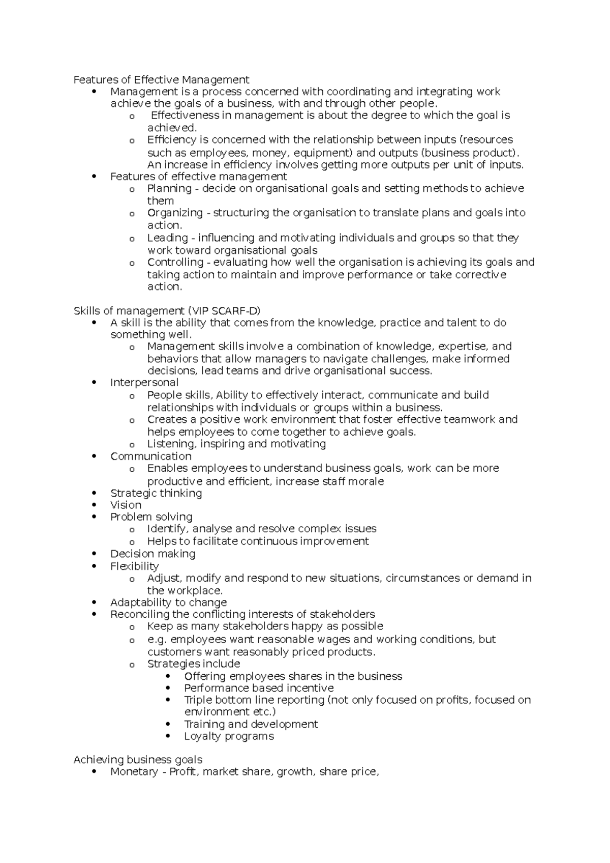 Topic 3, Chunk 1 notes - Features of Effective Management Management is ...