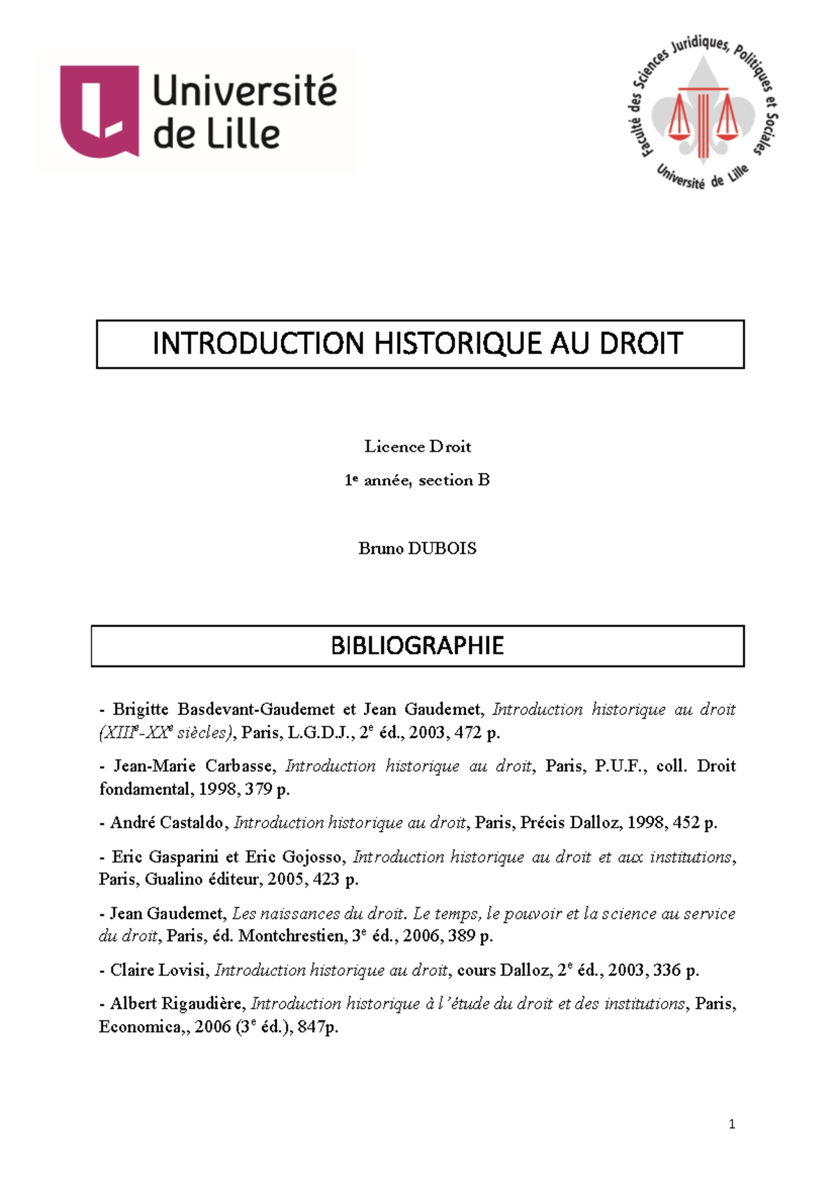 Plan de cours - kjljjlkj INTRODUCTION HISTORIQUE AU DROIT Licence Droit 1 e année, section B ...
