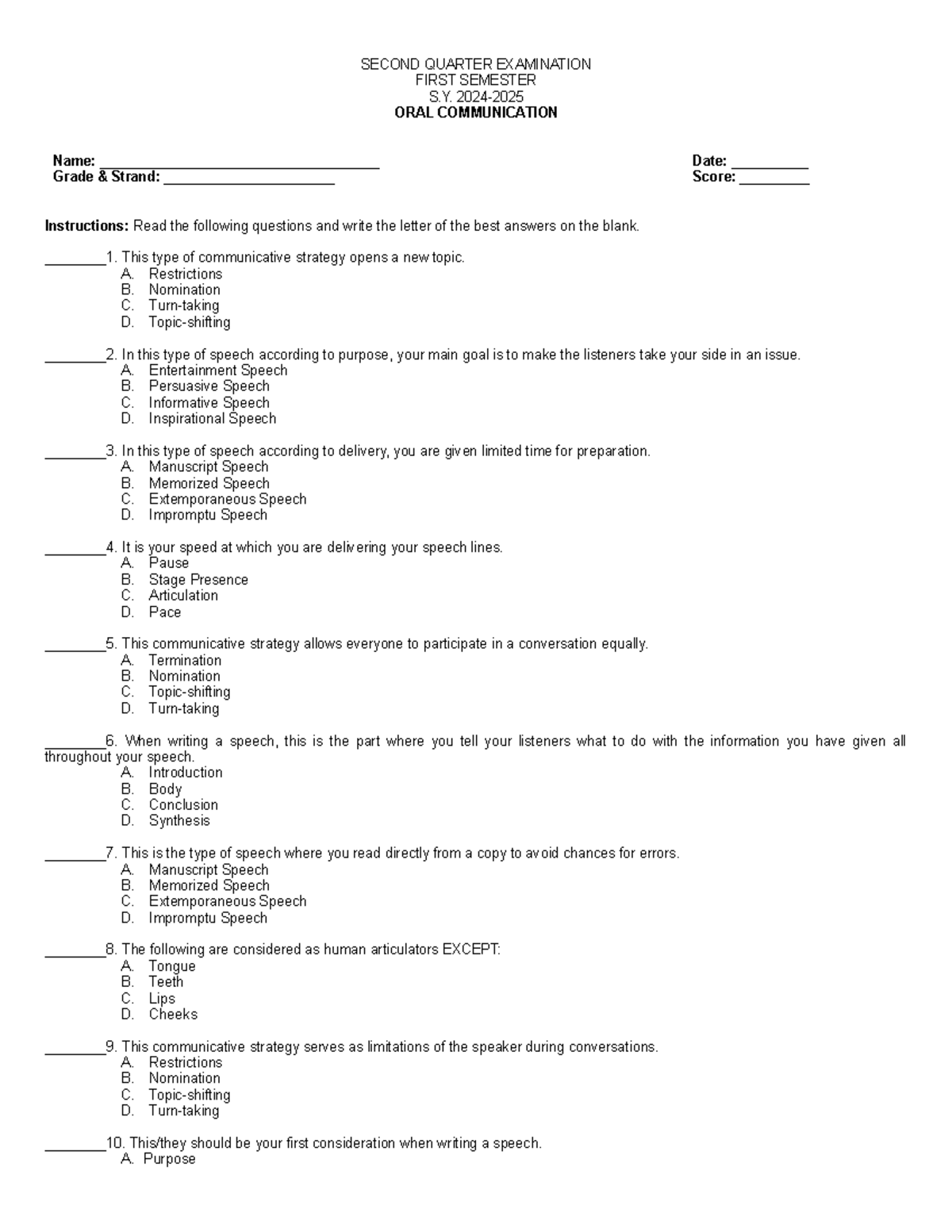 Oral Communication (75 copies) - SECOND QUARTER EXAMINATION FIRST ...