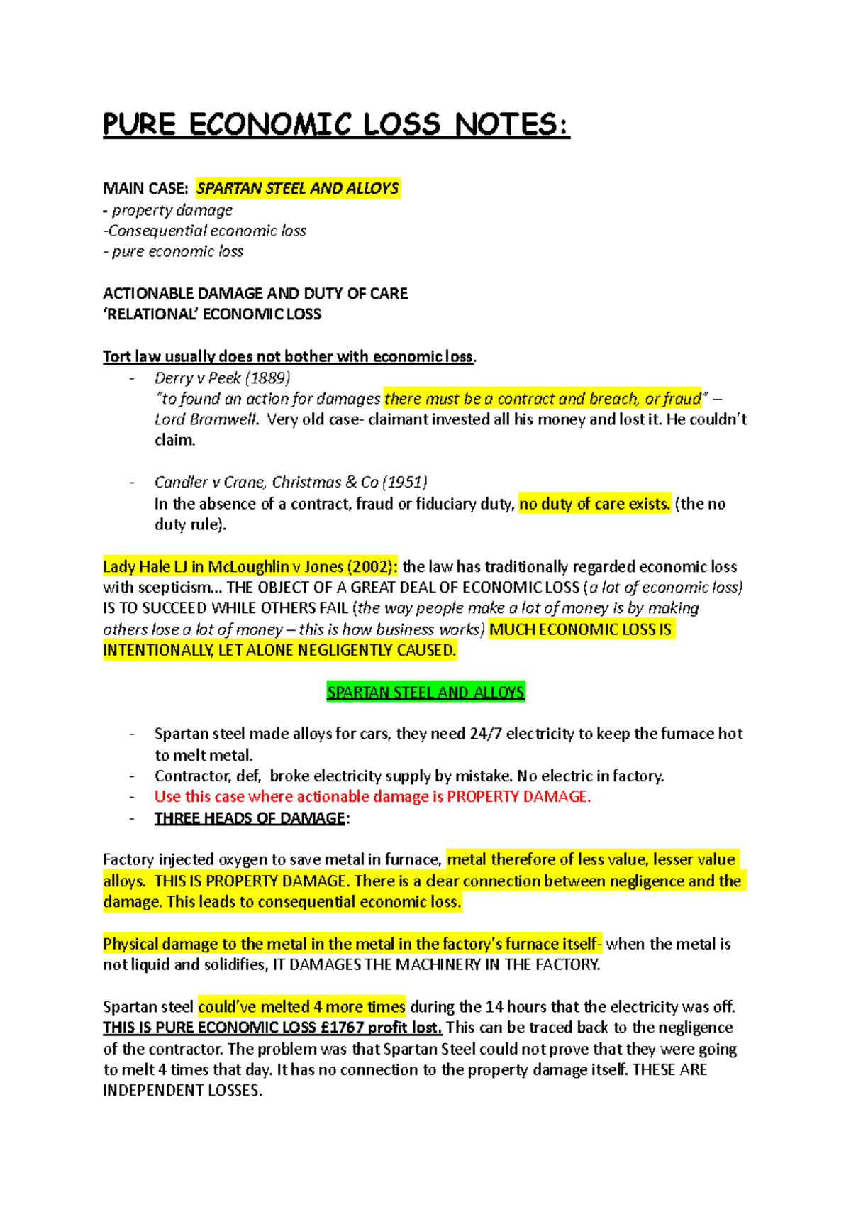 PURE Economic LOSS Notes copy - PURE ECONOMIC LOSS NOTES: MAIN CASE ...