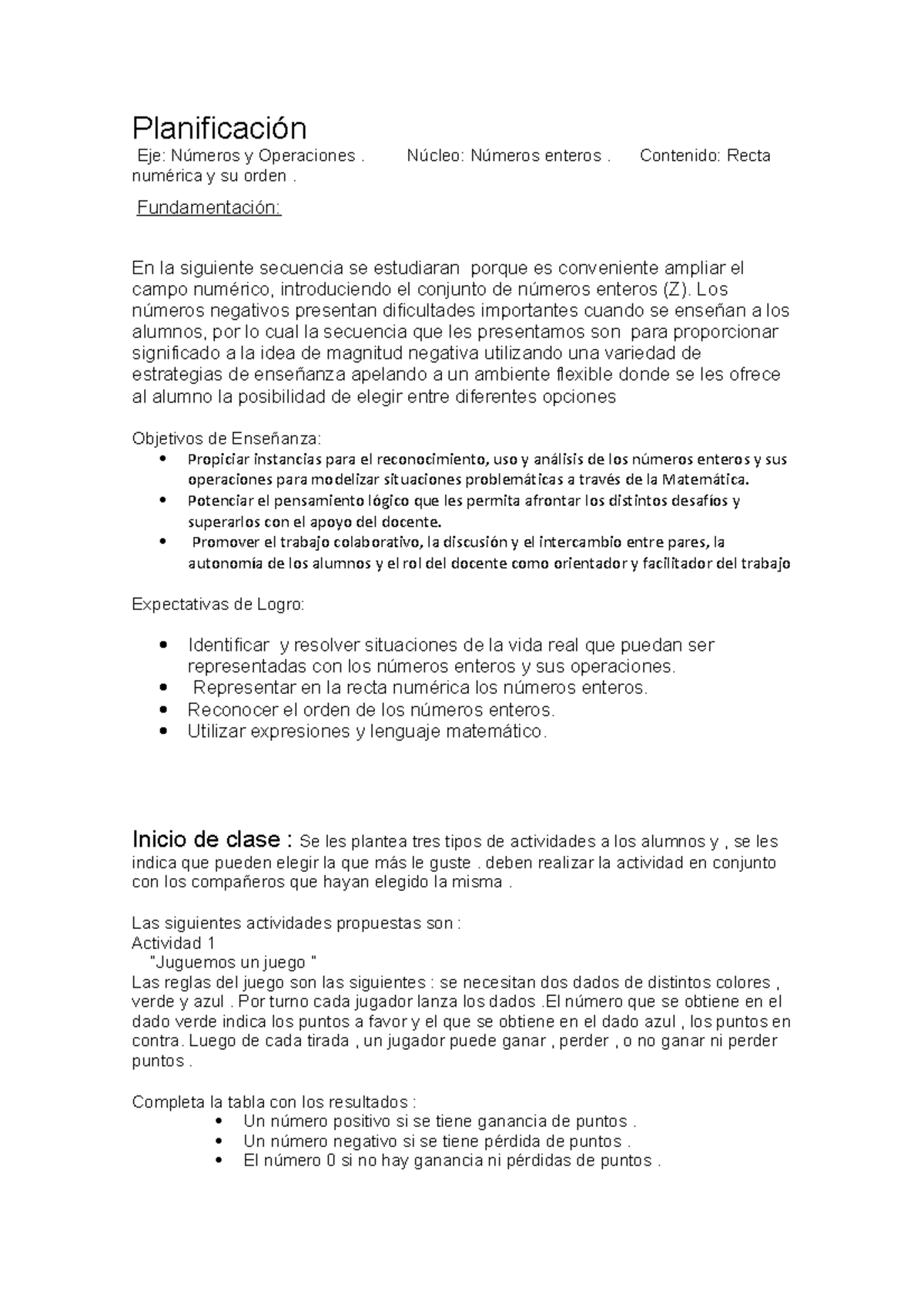 Introduccion de numeros enteros - Planificación Eje: Números y ...