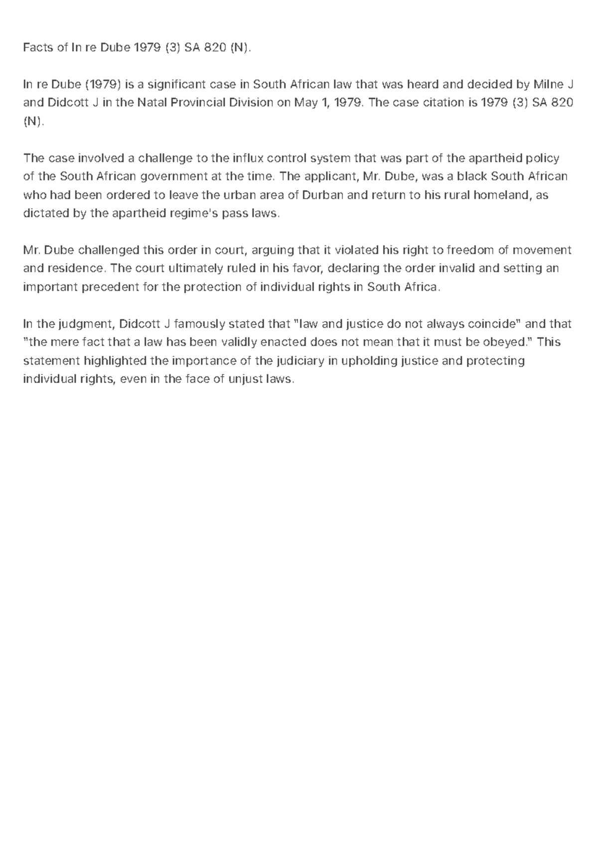 Facts of In re Dube 1979 (3) SA 820 (N) - Facts of In re Dube 1979 (3 ...