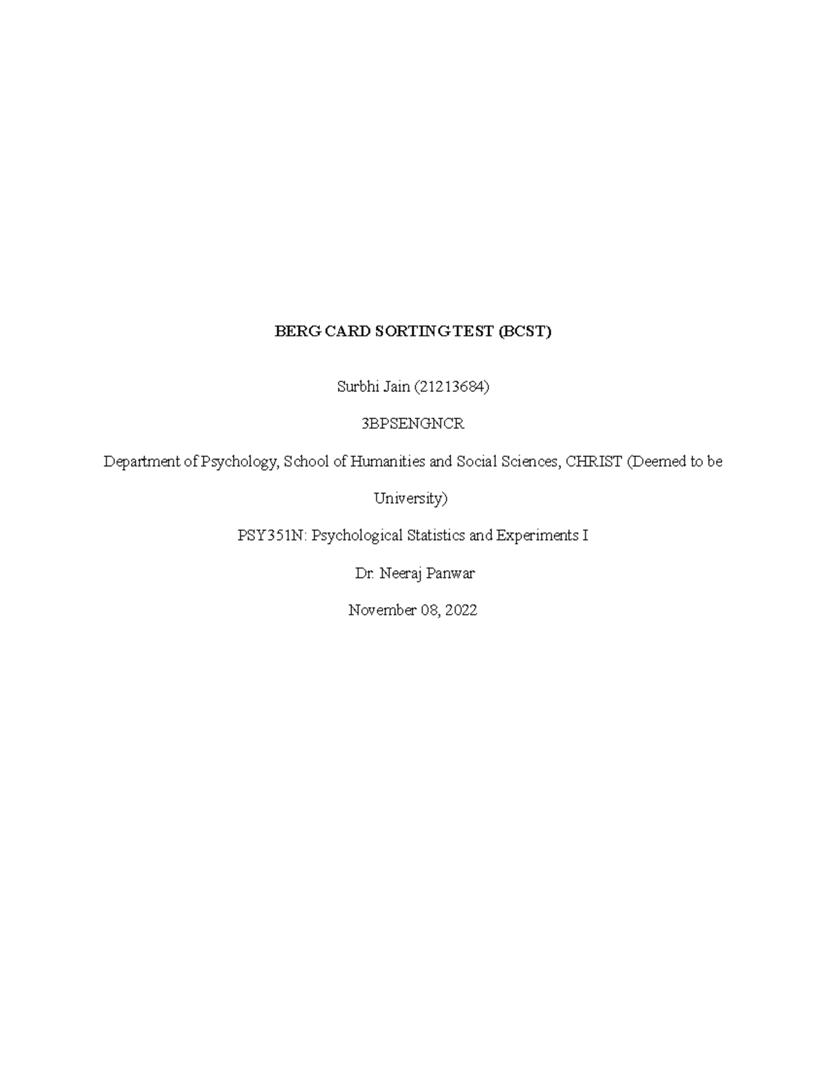 BERG CARD Sorting TEST (BCST) Report - BERG CARD SORTING TEST (BCST ...