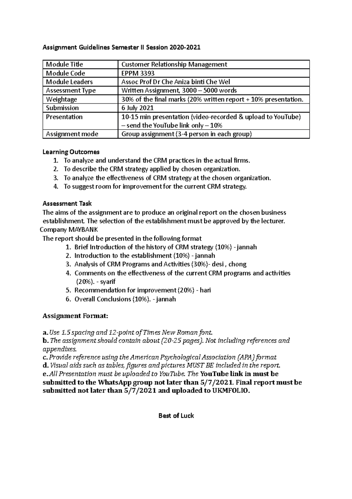 Group Assignment EPPM3393 Semester 2 2020 2021 - Assignment Guidelines ...