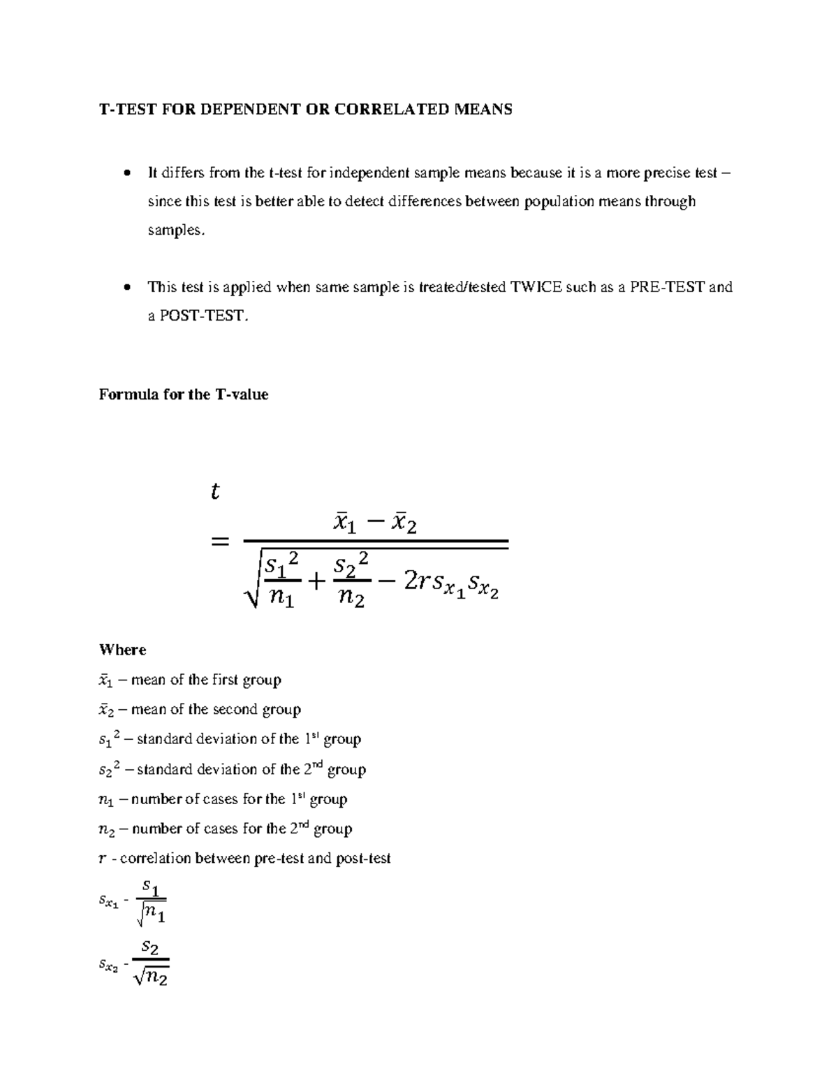 T test T test Basic Statistics T TEST FOR DEPENDENT OR CORRELATED