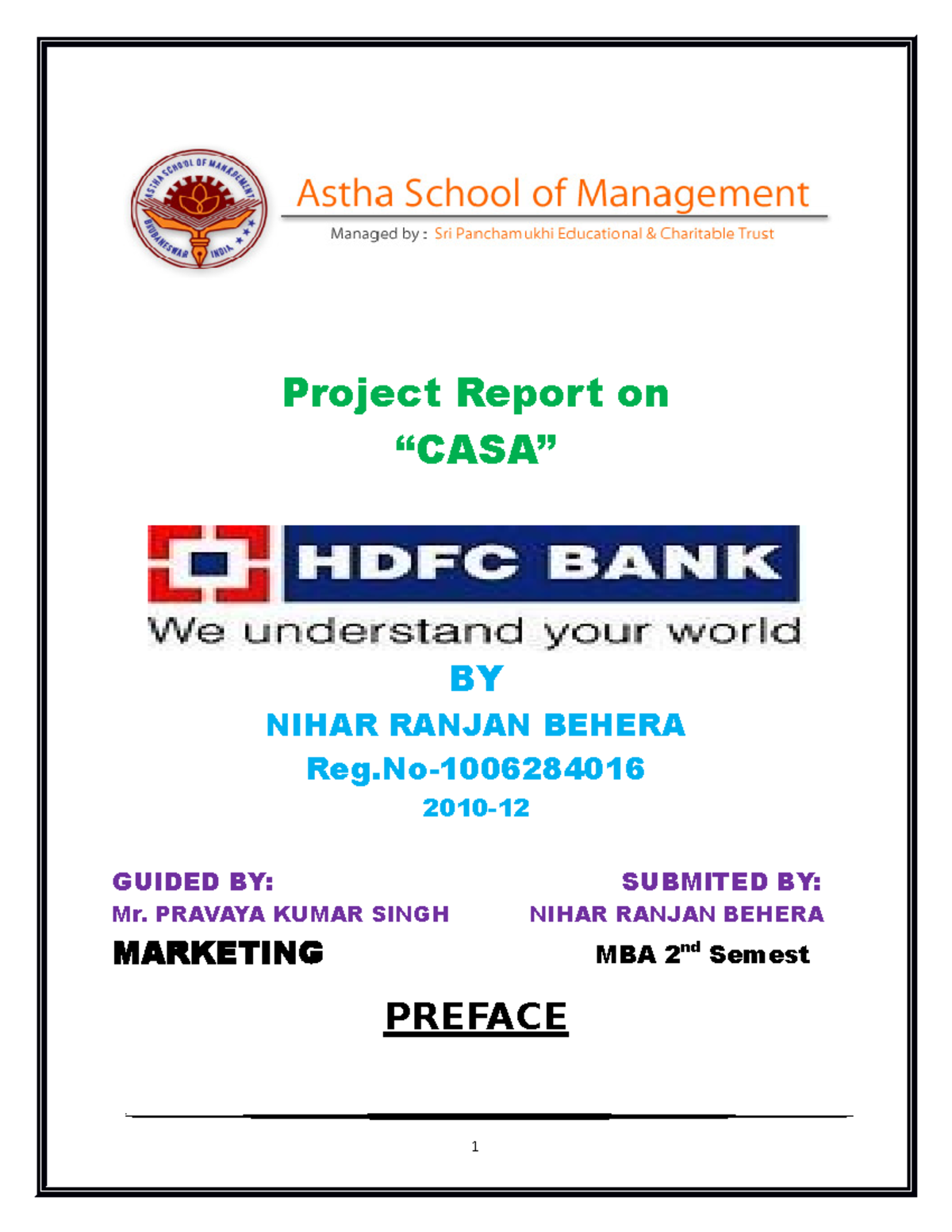 HDFC Bank sip project - Assignment - Project Report on “CASA” BY NIHAR ...