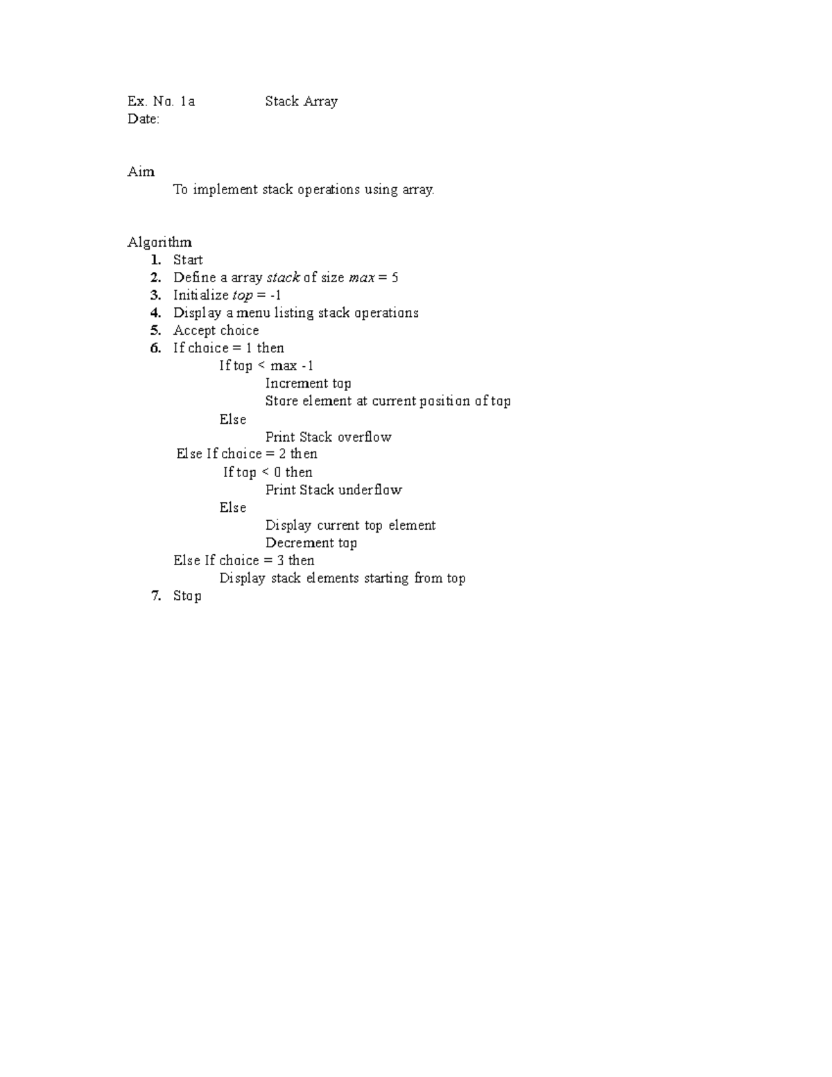 CS8381-DSlabman - LAB MANUAL - Ex. No. 1a Stack Array Date: Aim To implement stack operations ...