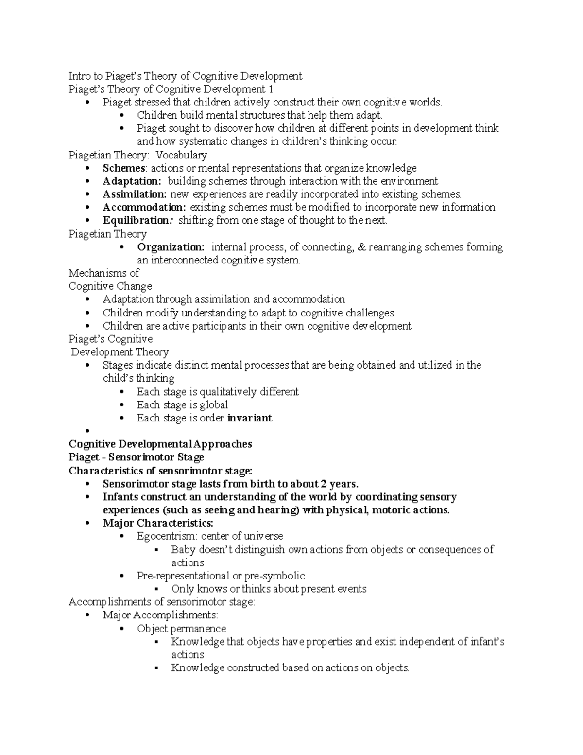 Cognitive Developmental Approaches - Intro to Piaget’s Theory of Cognitive Development Piaget’s ...