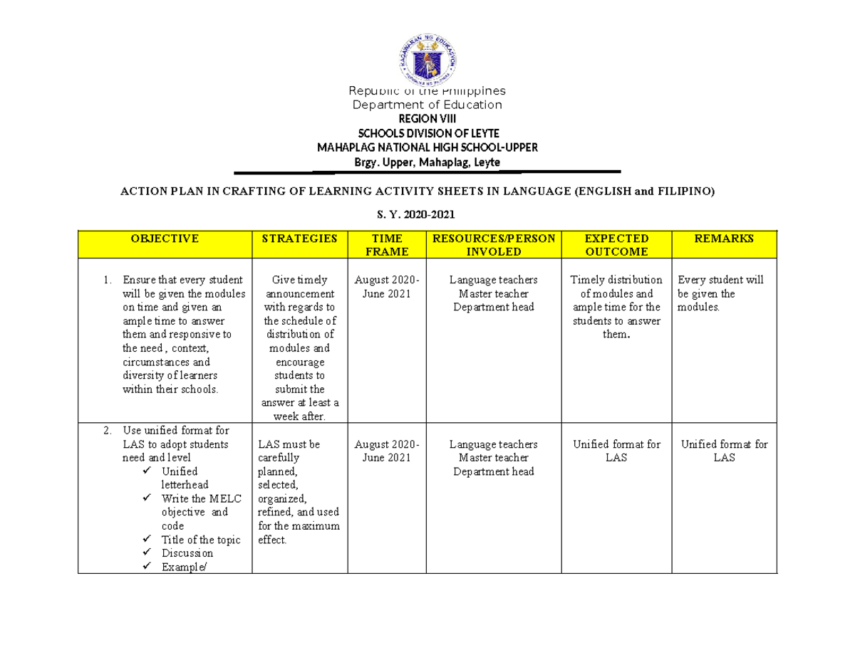 Action plan - Republic of the Philippines Department of Education ...