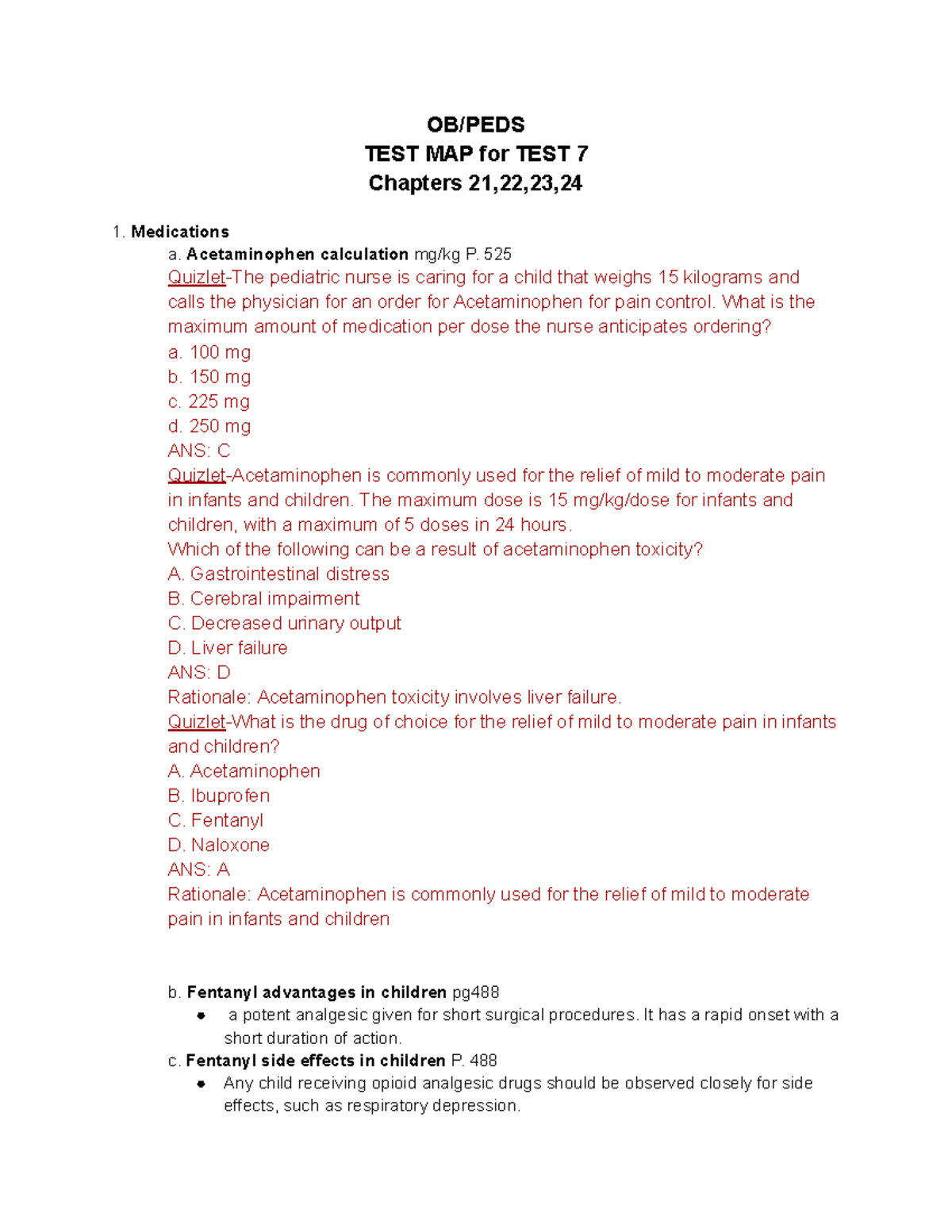 OB PEDS Lecture Notes - OB/PEDS TEST MAP for TEST 7 Chapters 21,22,23 ...