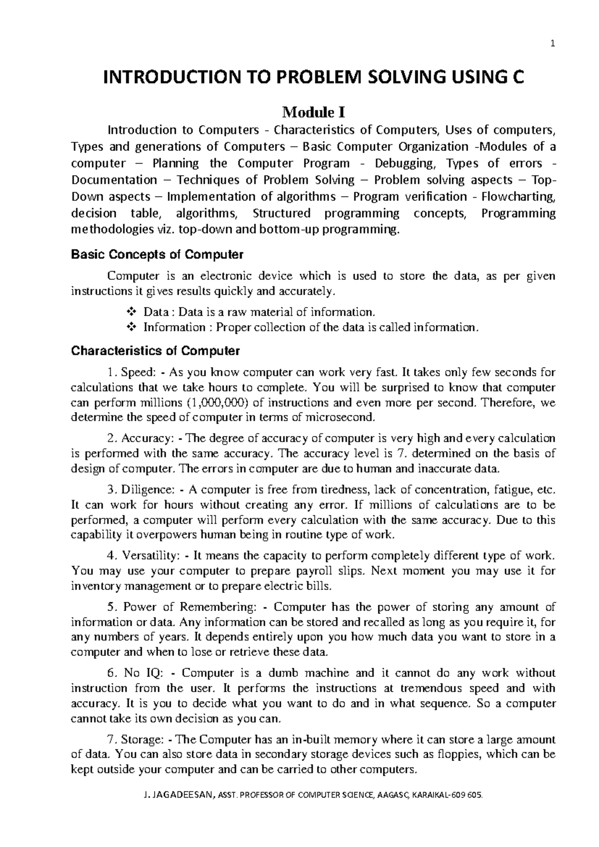 C Notes Problem Solving Aspects Notes Introduction To Problem