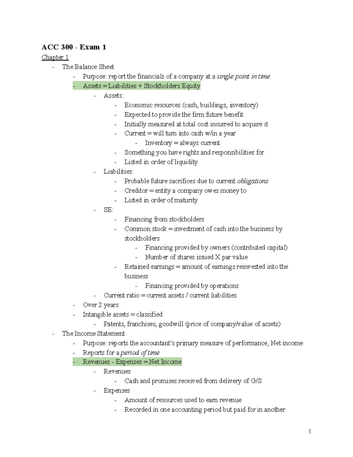ACC 300 midterm 1 - ACC 300 - Exam 1 Chapter 1 - The Balance Sheet ...