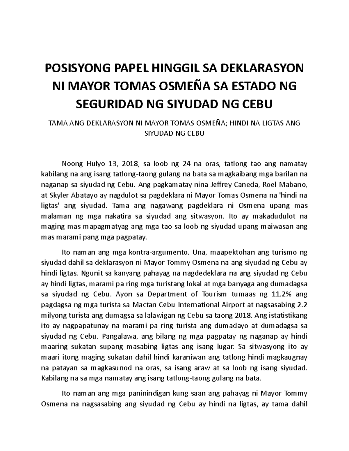 Position- Paper- Filipino - POSISYONG PAPEL HINGGIL SA DEKLARASYON NI ...