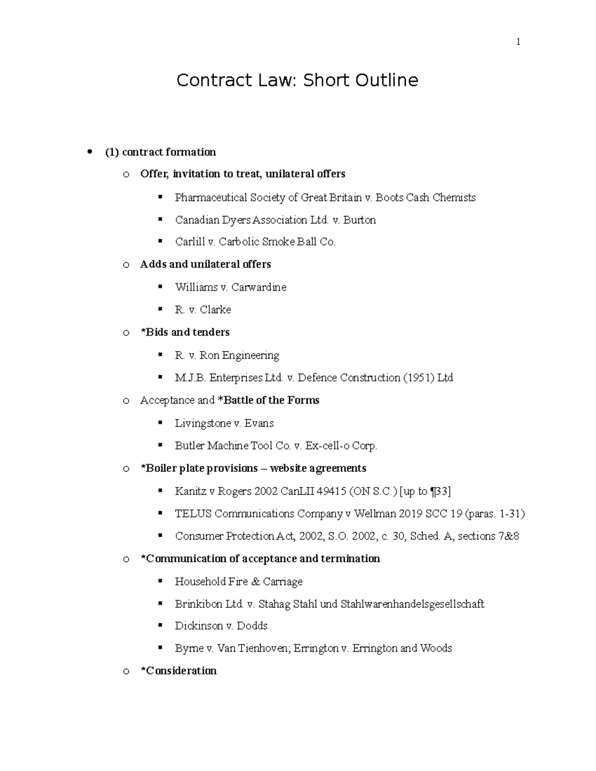 Contract law short outline - Contract Law: Short Outline (1) contract ...