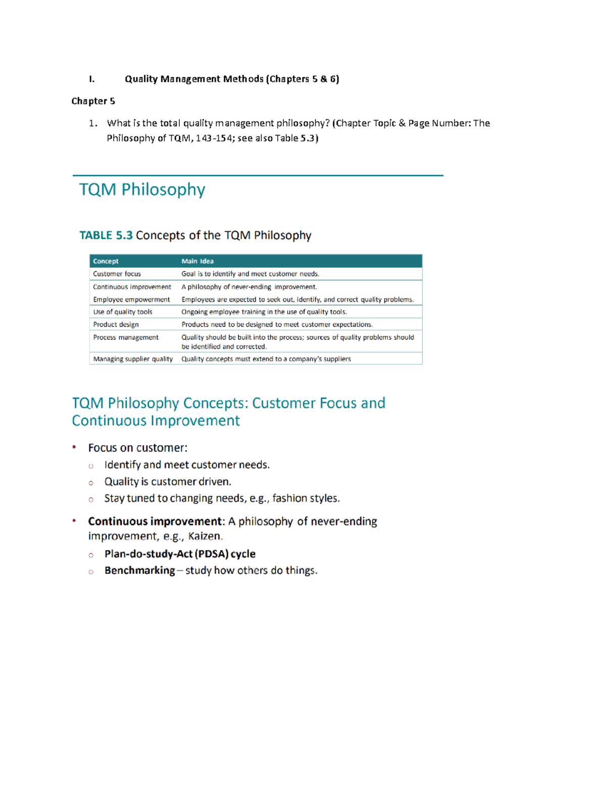 C215 Study Guide - I. Quality Management Methods (Chapters 5 & 6 ...