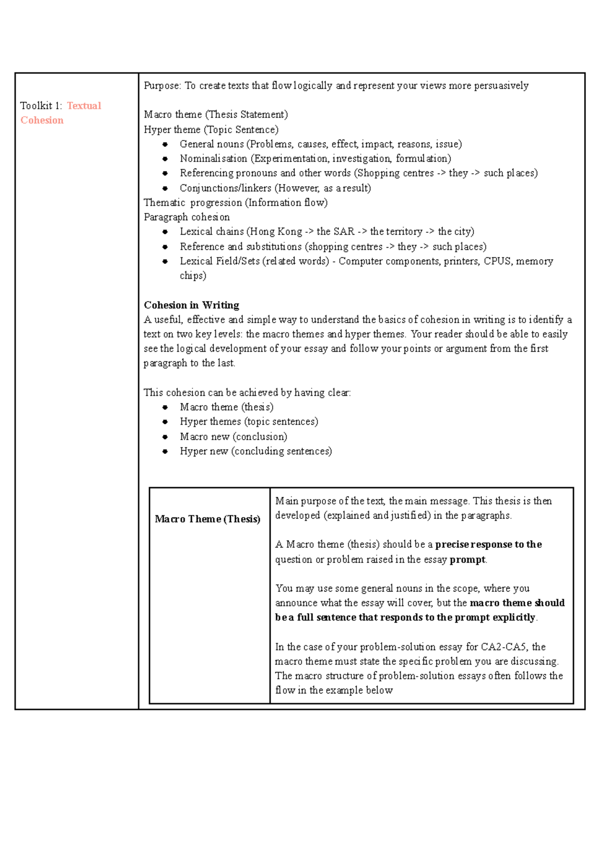 ES1103 Toolkit 1 Notes - Toolkit 1: Textual Cohesion Purpose: To create ...