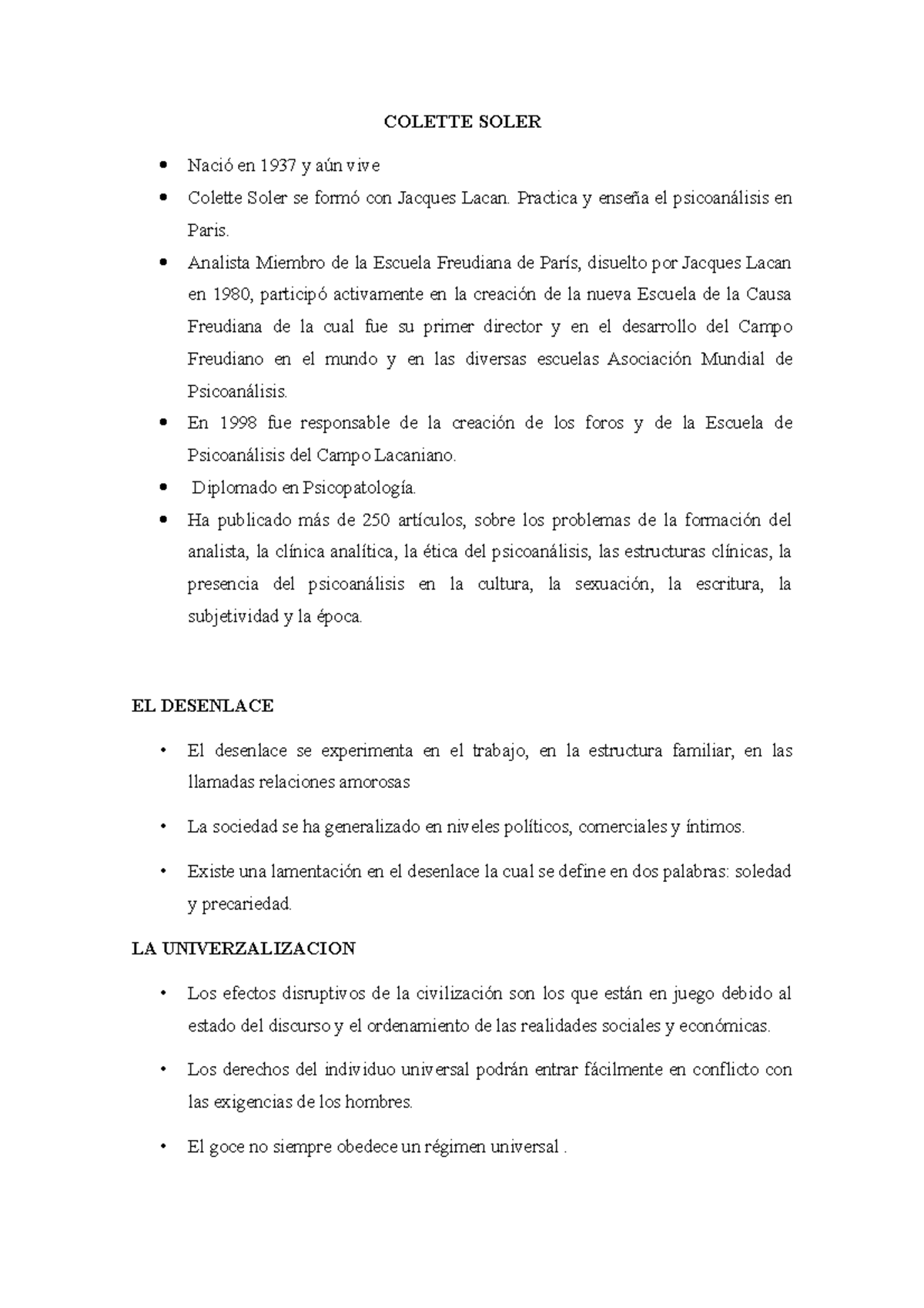 Psicoanalisis - COLETTE SOLER Nació en 1937 y aún vive Colette Soler se ...