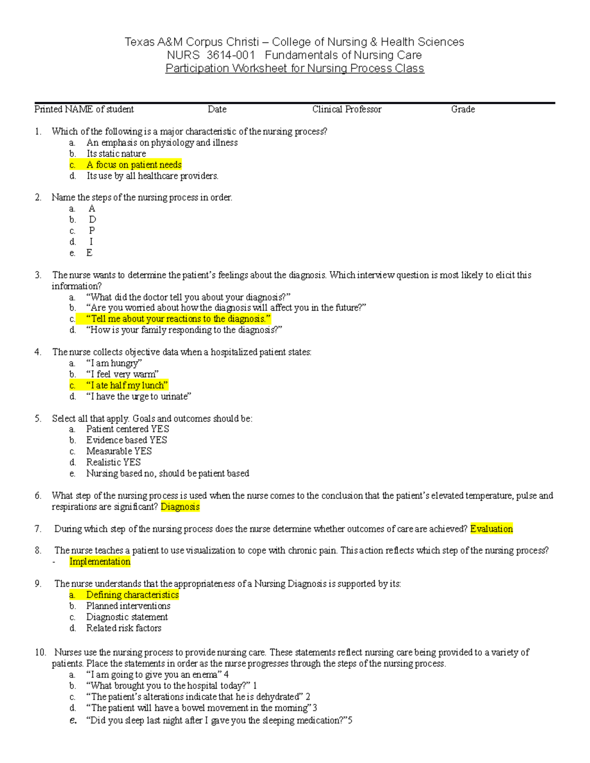 Funds Nursing Process quiz 1 - Texas A&M Corpus Christi – College of ...
