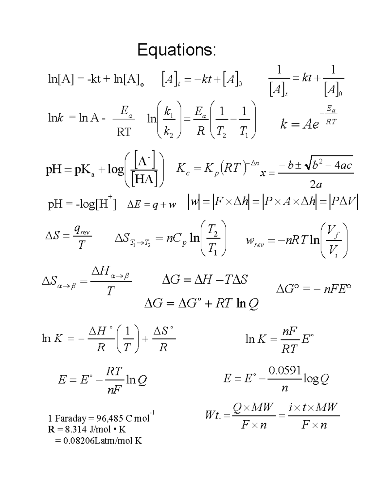MT2 formula sheet - Equations: 0 1 1 A kt A t ln[A] = -kt + ln[A] o A t ...