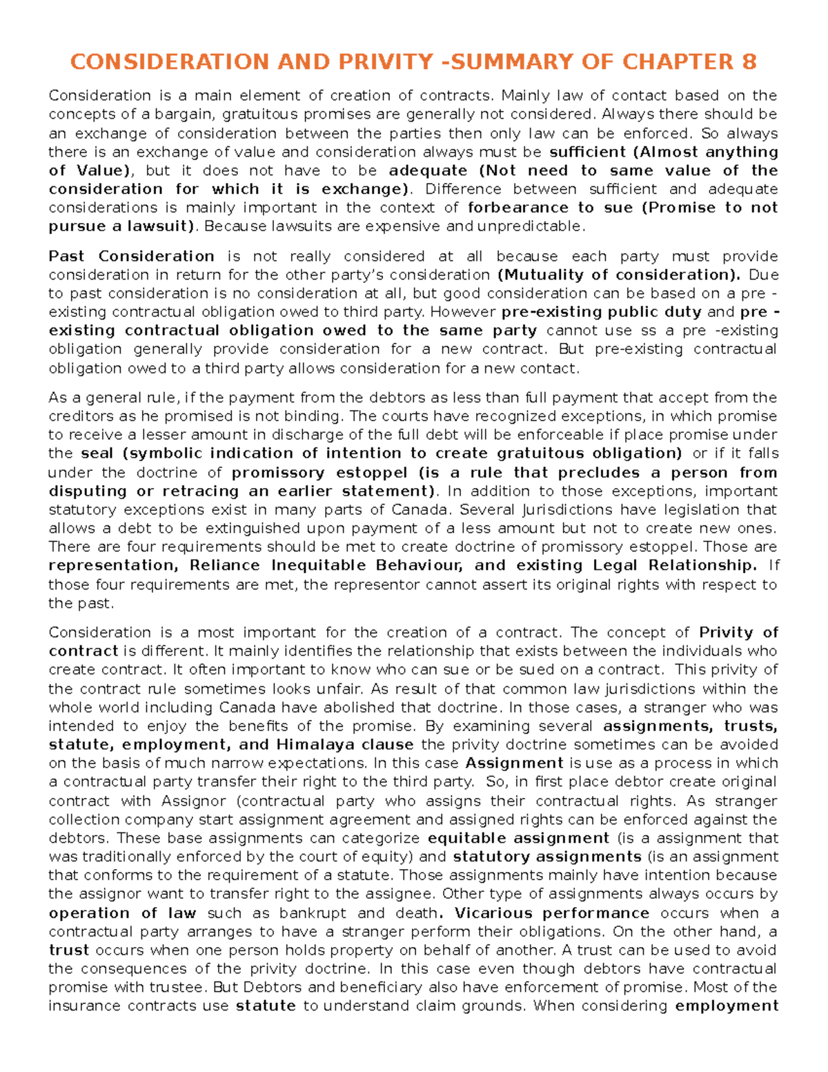 Consideration AND Privity - CONSIDERATION AND PRIVITY -SUMMARY OF ...