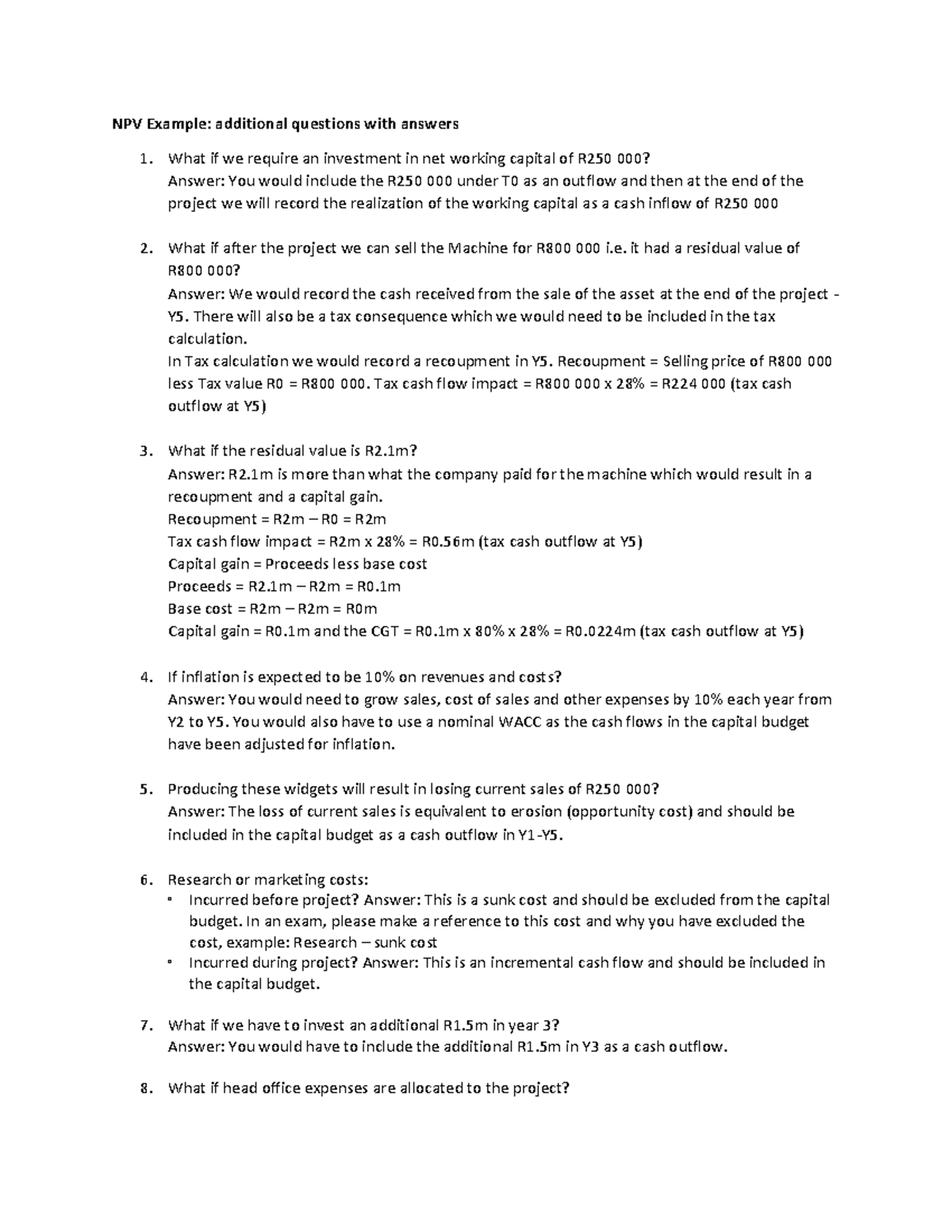 Capital Budgeting slide 65 NPV Example contd answers - NPV Example ...