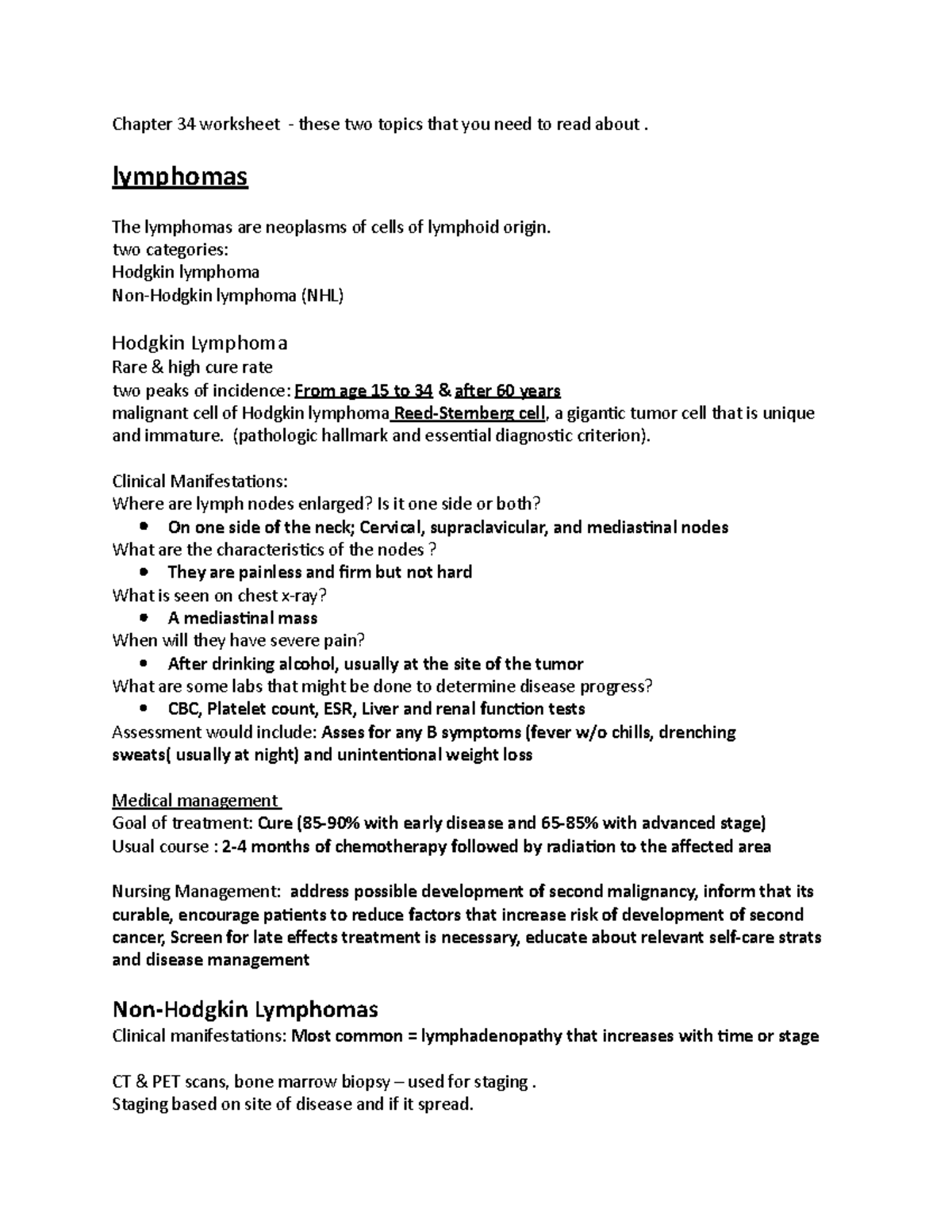 Chapter 33 Lymphomas - Chapter 34 worksheet - these two topics that you ...