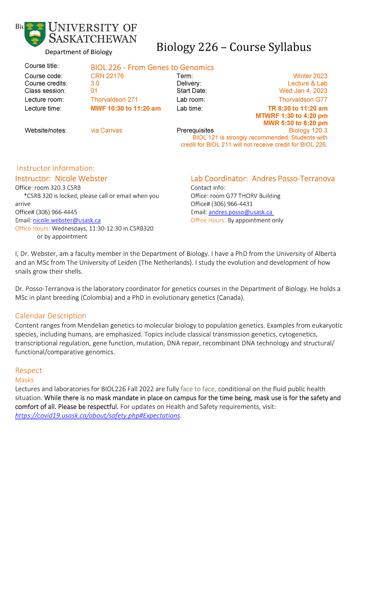 BIOL 226 - Syllabus - Instructor information: Instructor: Nicole Webster Office: room 320 CSRB ...