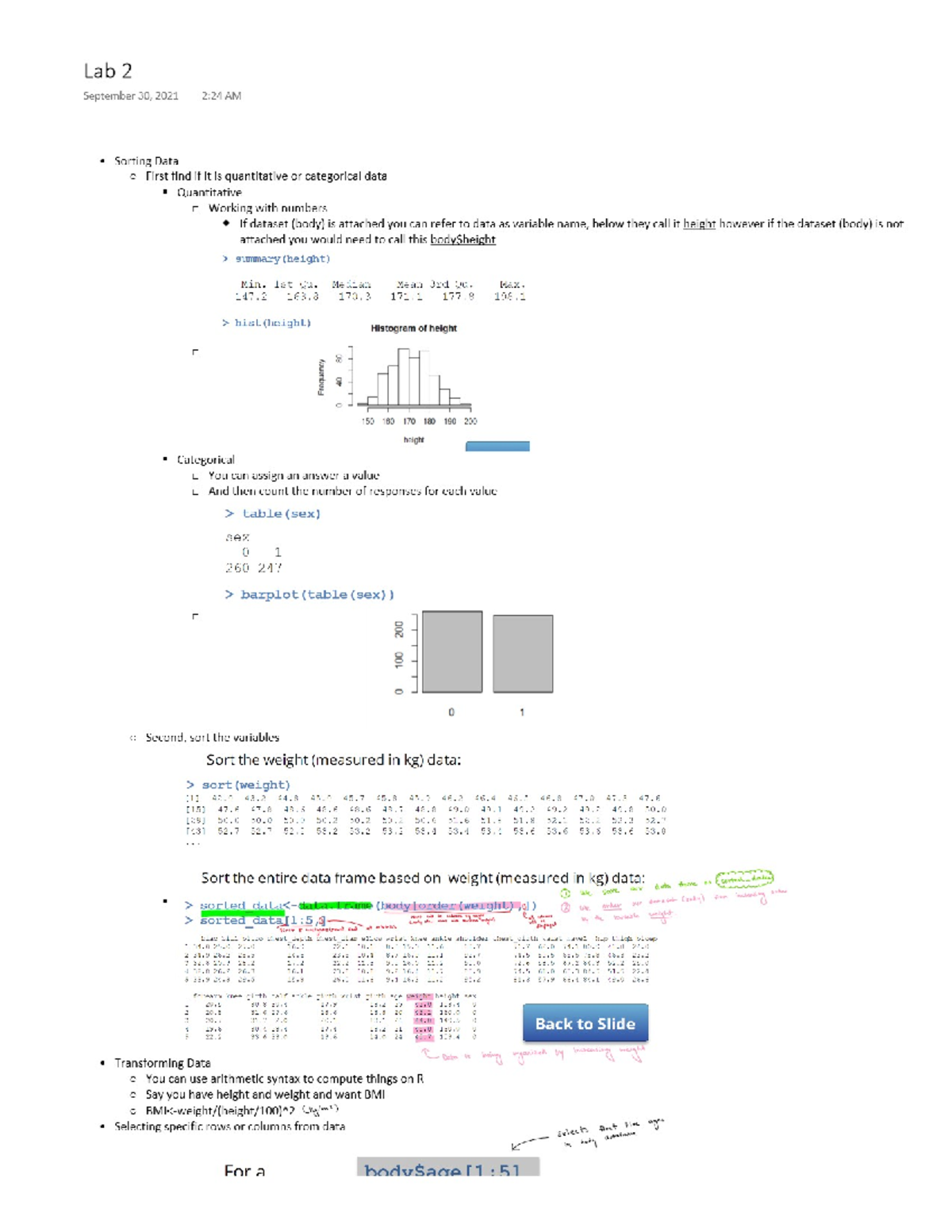 R - Lab 2 Notes - Set values based on BMI Include classification system ...
