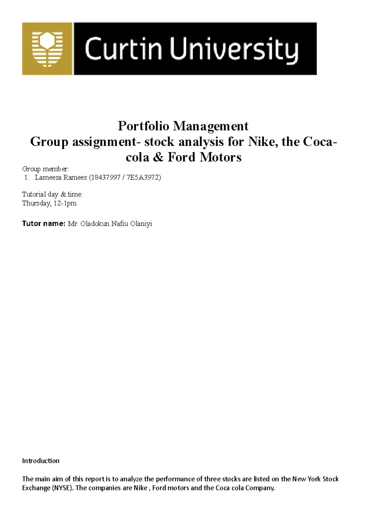 Lameesa ramees 18437997 - Portfolio Management Group stock analysis for ...
