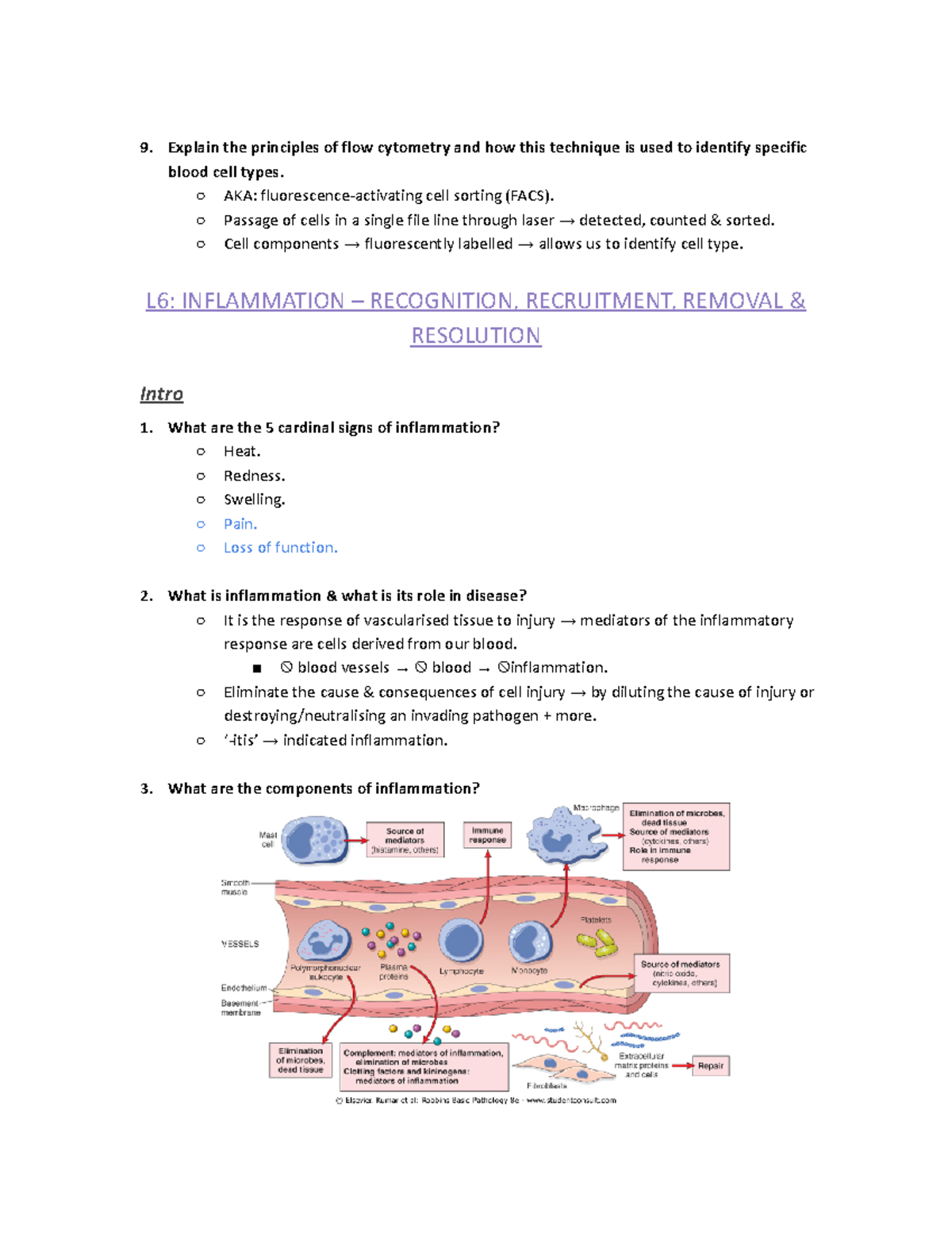summary for lecture 6 - relating to inflammation part 1. - 9. Explain ...