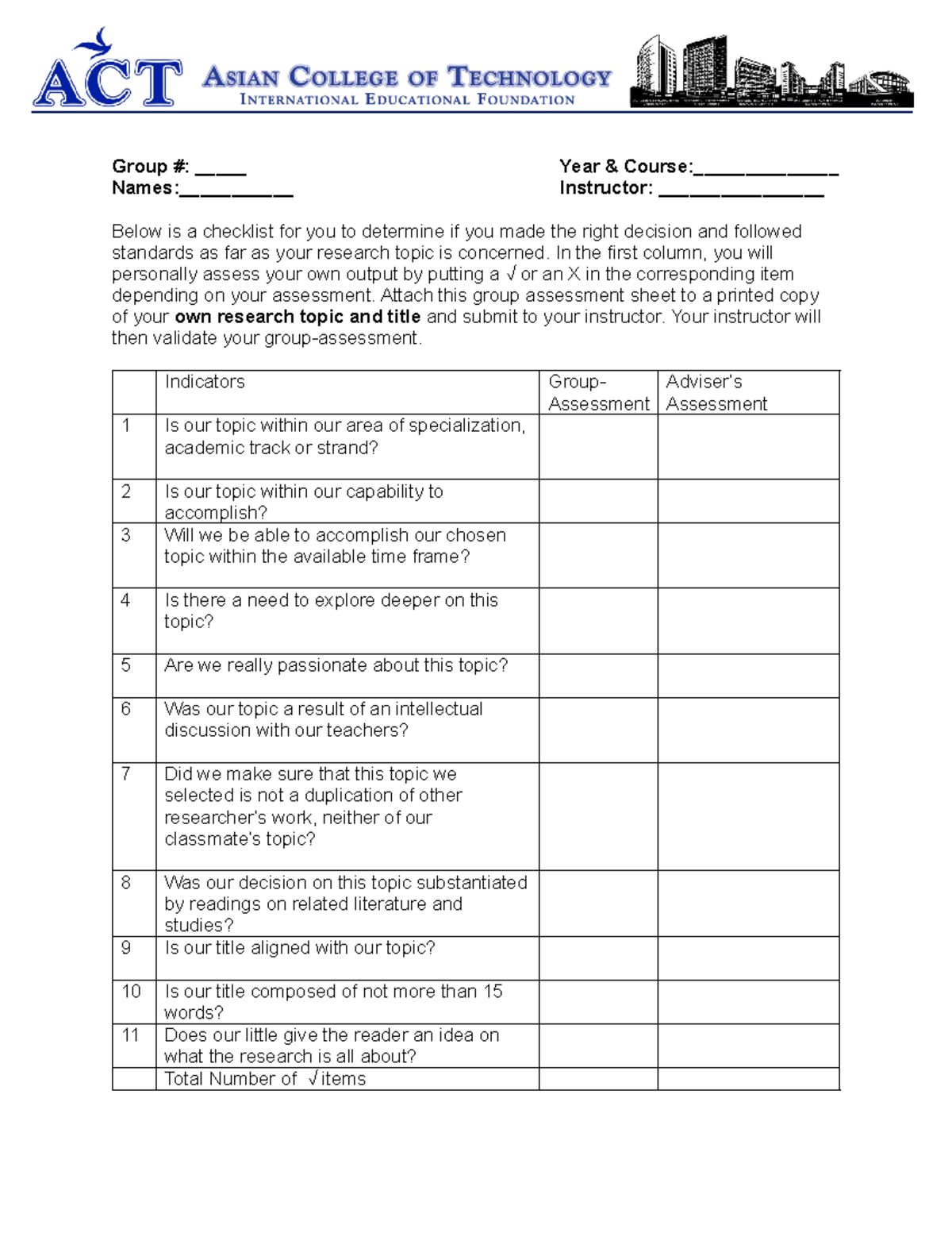 Research-Title-Checklists - Group #: _____ Year & Course:______________ Names:___________ - Studocu