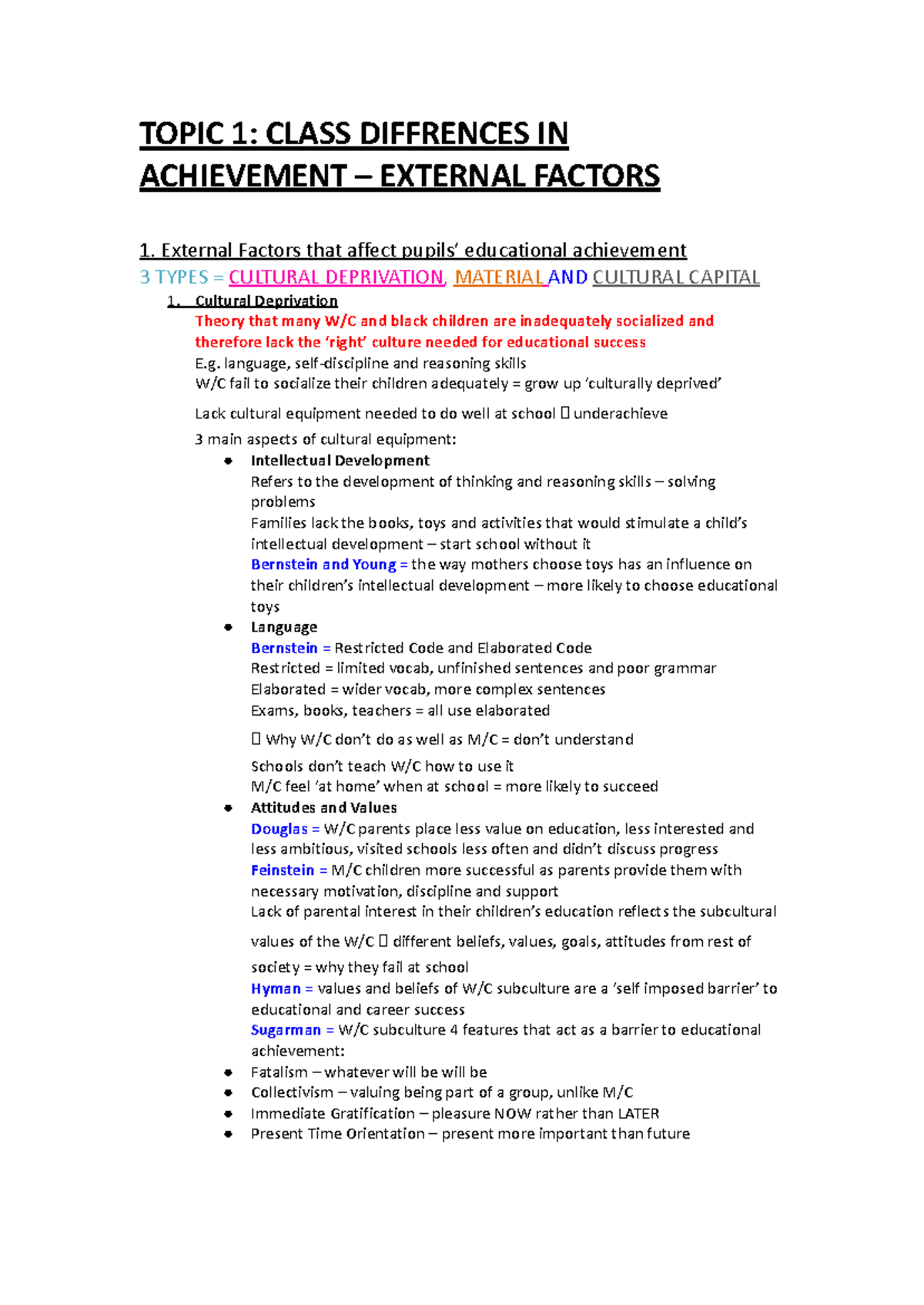 Education - TOPIC 1: CLASS DIFFRENCES IN ACHIEVEMENT – EXTERNAL FACTORS ...