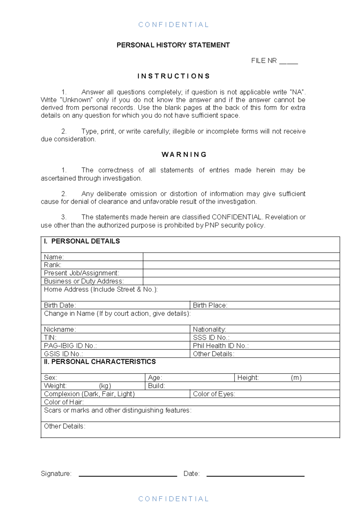 PHS - cartography - PERSONAL HISTORY STATEMENT FILE NR _____ I N S T R ...