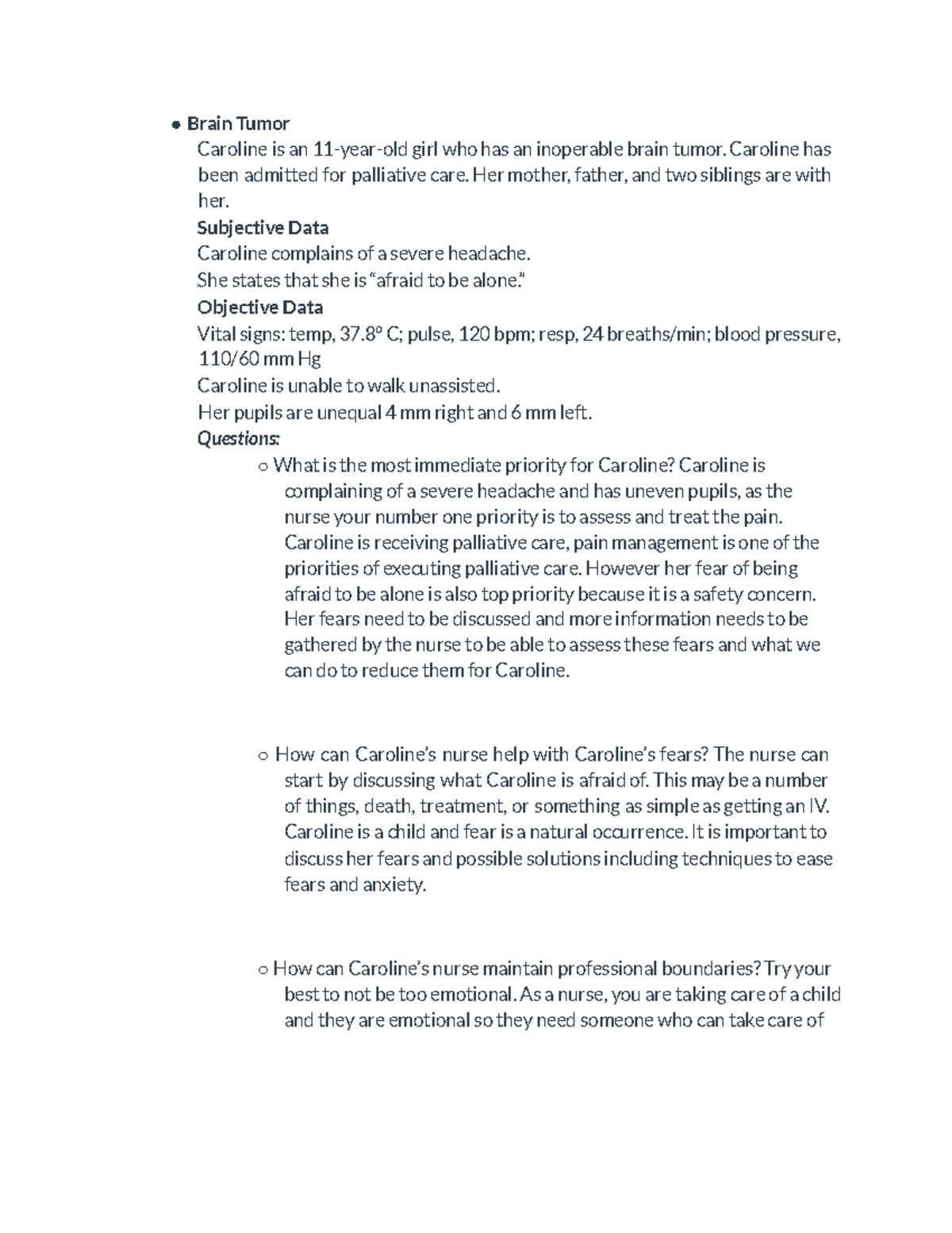 Brain Tumor - case study - Brain Tumor Caroline is an 11-year-old girl ...