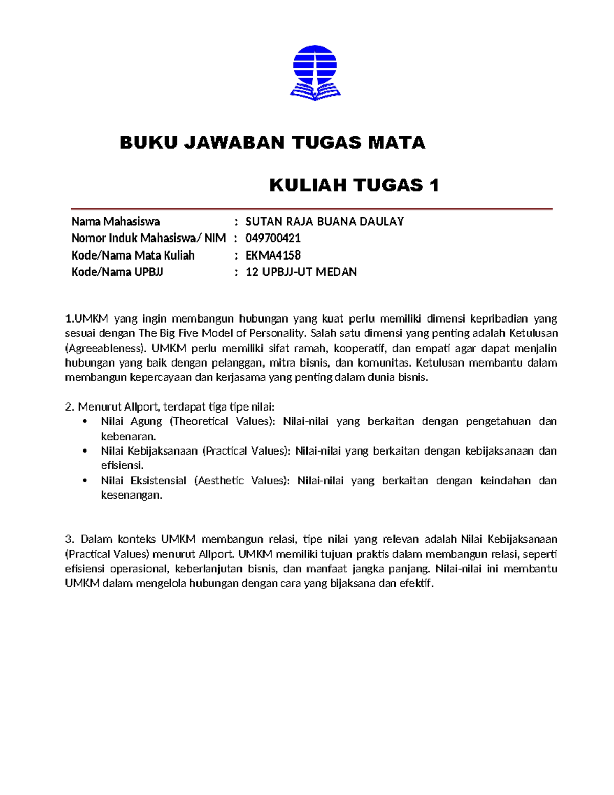 Lembar jawaban Perilaku Organisasi Sutan RAJA Buana Daulay - BUKU ...