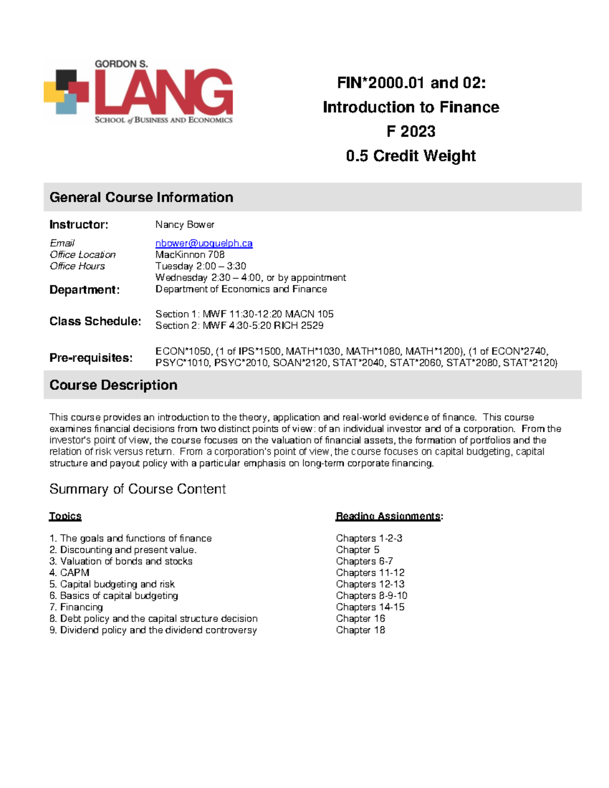 FIN2000 F23 NB - Outline - FIN*2 000 .01 and 02 : Introduction to ...
