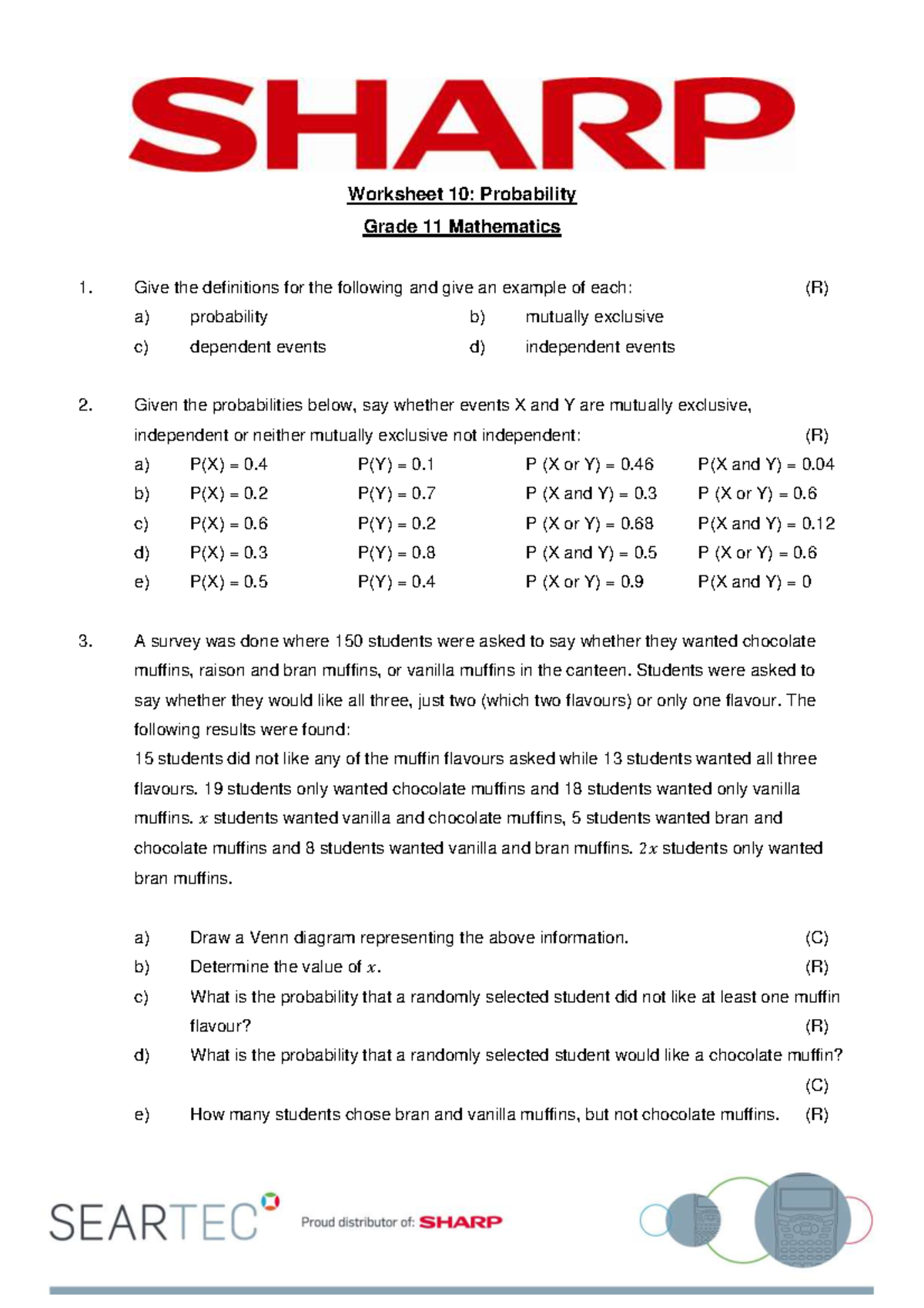 Worksheet 10 Probability Grade 11 Mathematics - Worksheet 10 ...
