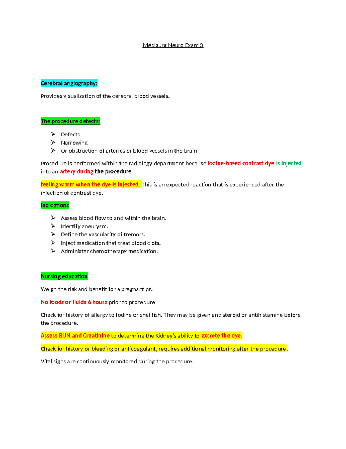 Med surg Neuro Notes - Med surg Neuro Exam 3 Cerebral angiography ...