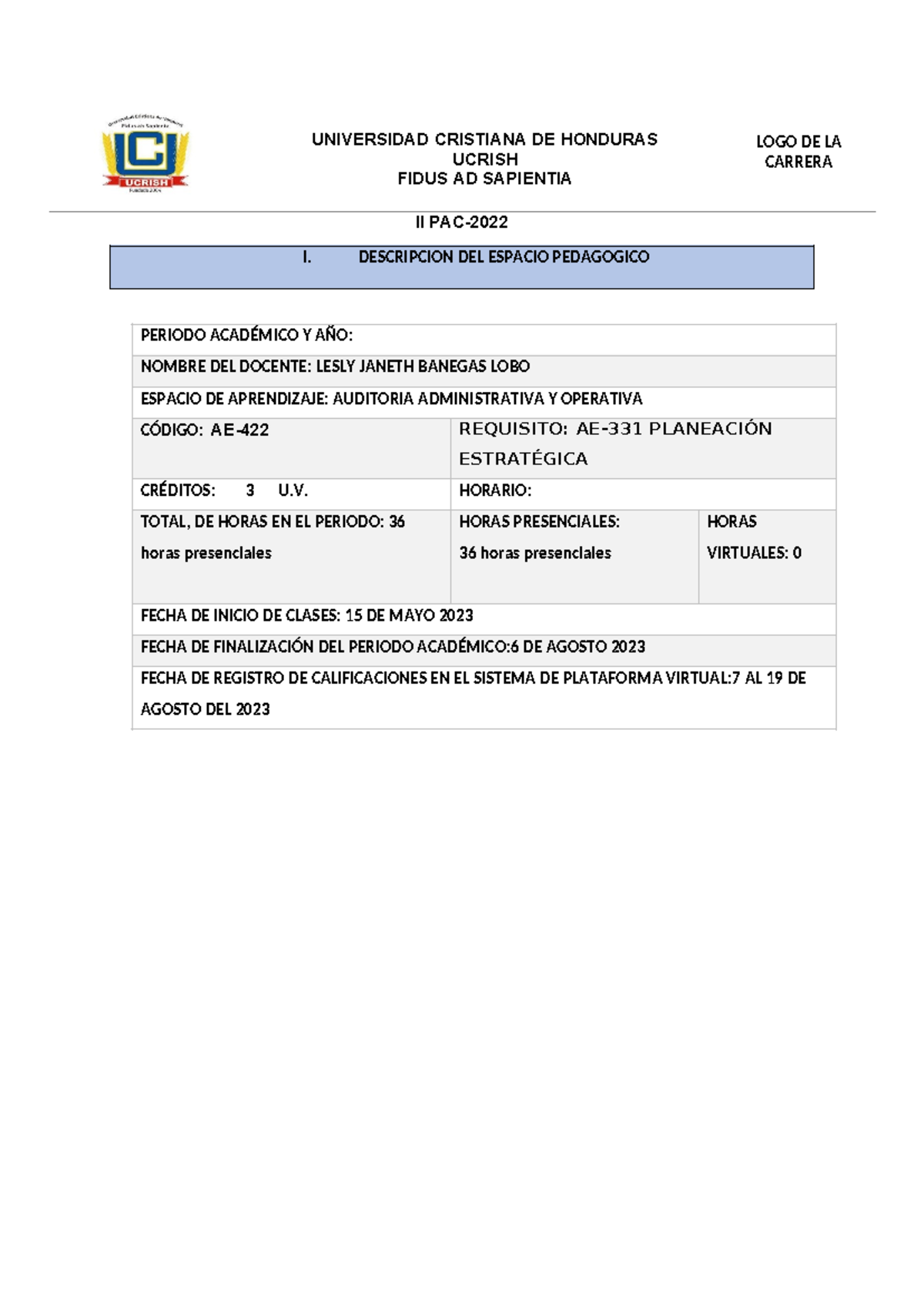 Planificacion Ucrish Iipac-2023 auditoria - UNIVERSIDAD CRISTIANA DE ...