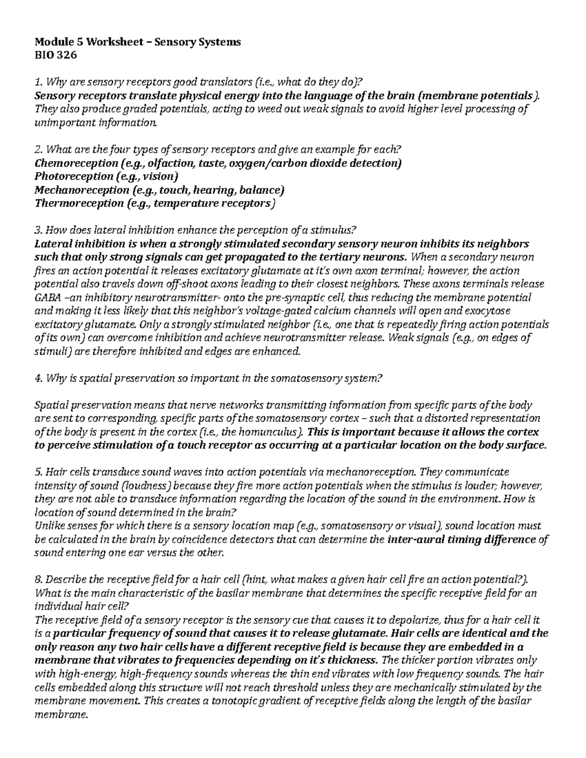 Module 5 Worsheet key - Module 5 Worksheet – Sensory Systems BIO 326 ...