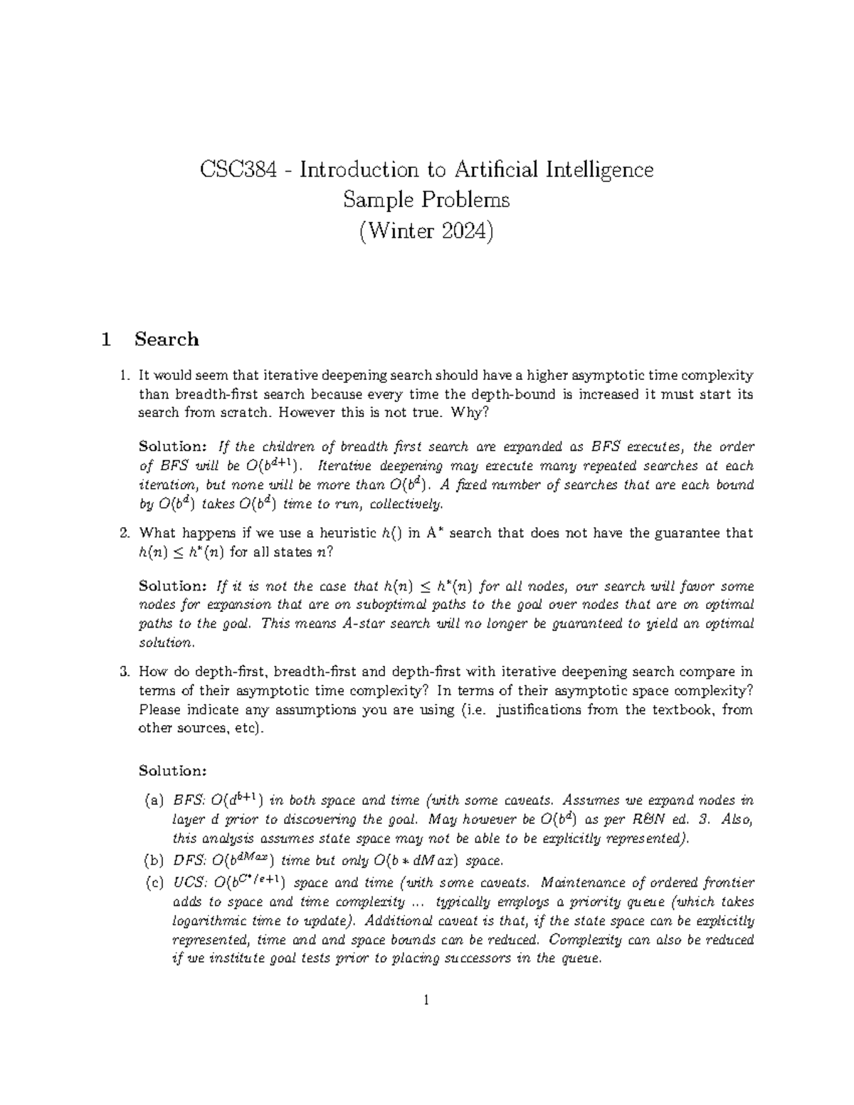 Csc384 search midterm sample questions-sol - CSC384 - Introduction to Artificial Intelligence ...