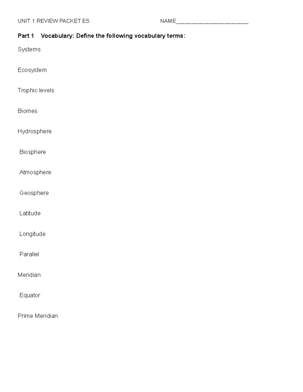 Patricia Meliara - ES Unit 1 Review Packet - UNIT 1 REVIEW PACKET ES ...