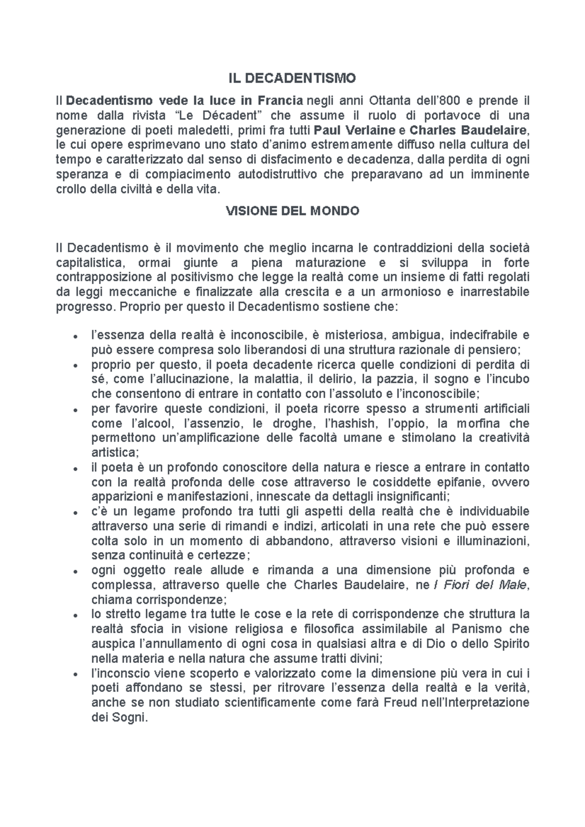 Decadentismo - Riassunto Lingua e letteratura italiana - IL ...