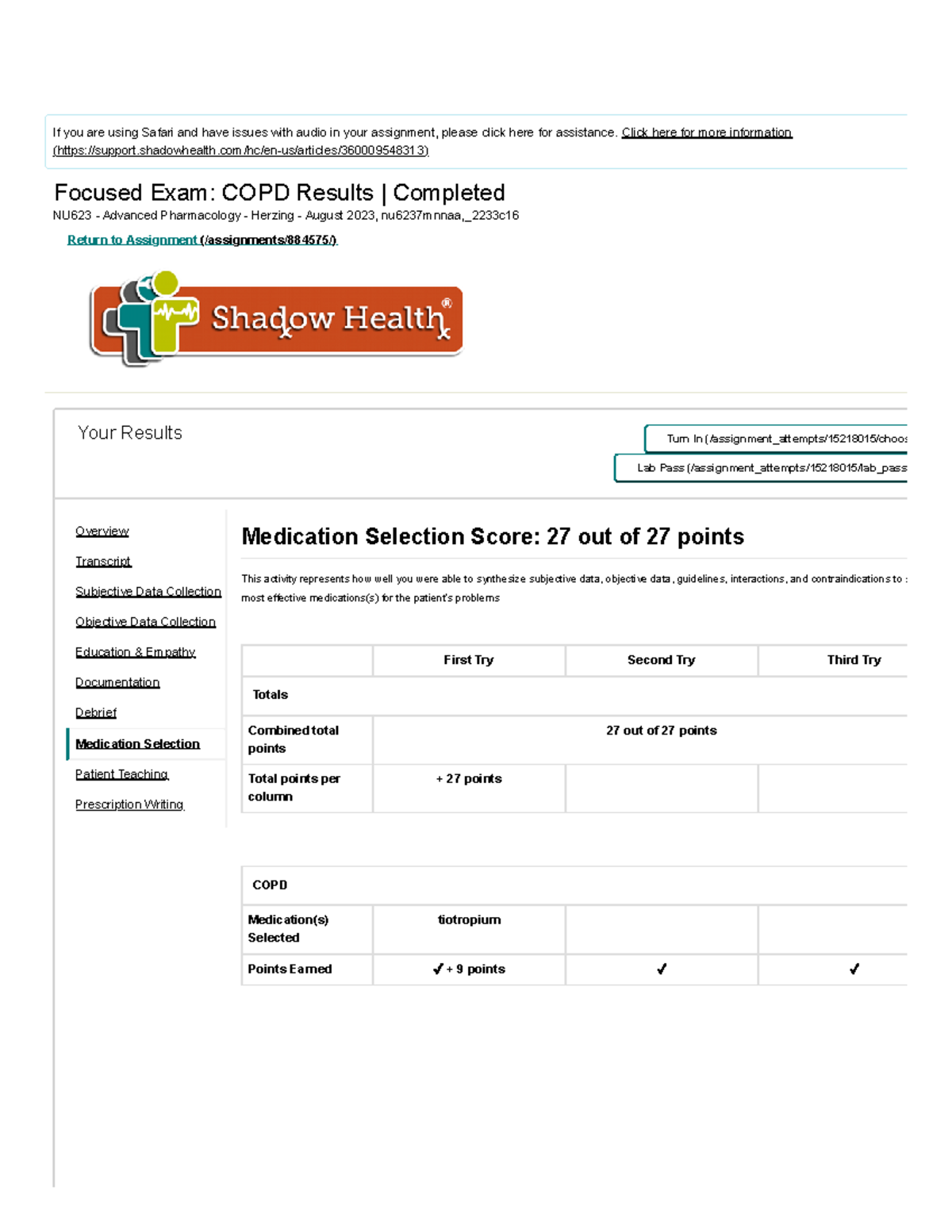 Shadow Health® COPD Medication - Focused Exam: COPD Results | Completed ...