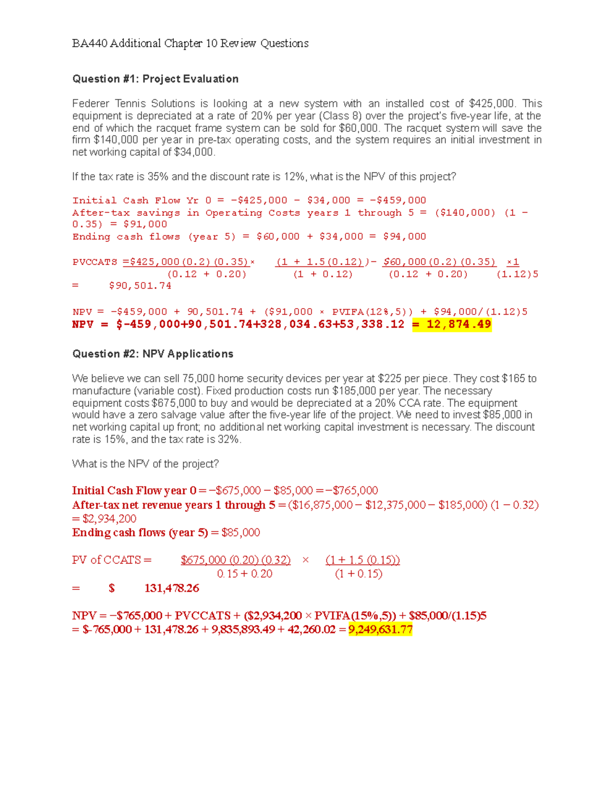 Ch 10 Additional Class Review Solutions - BA440 Additional Chapter 10 ...