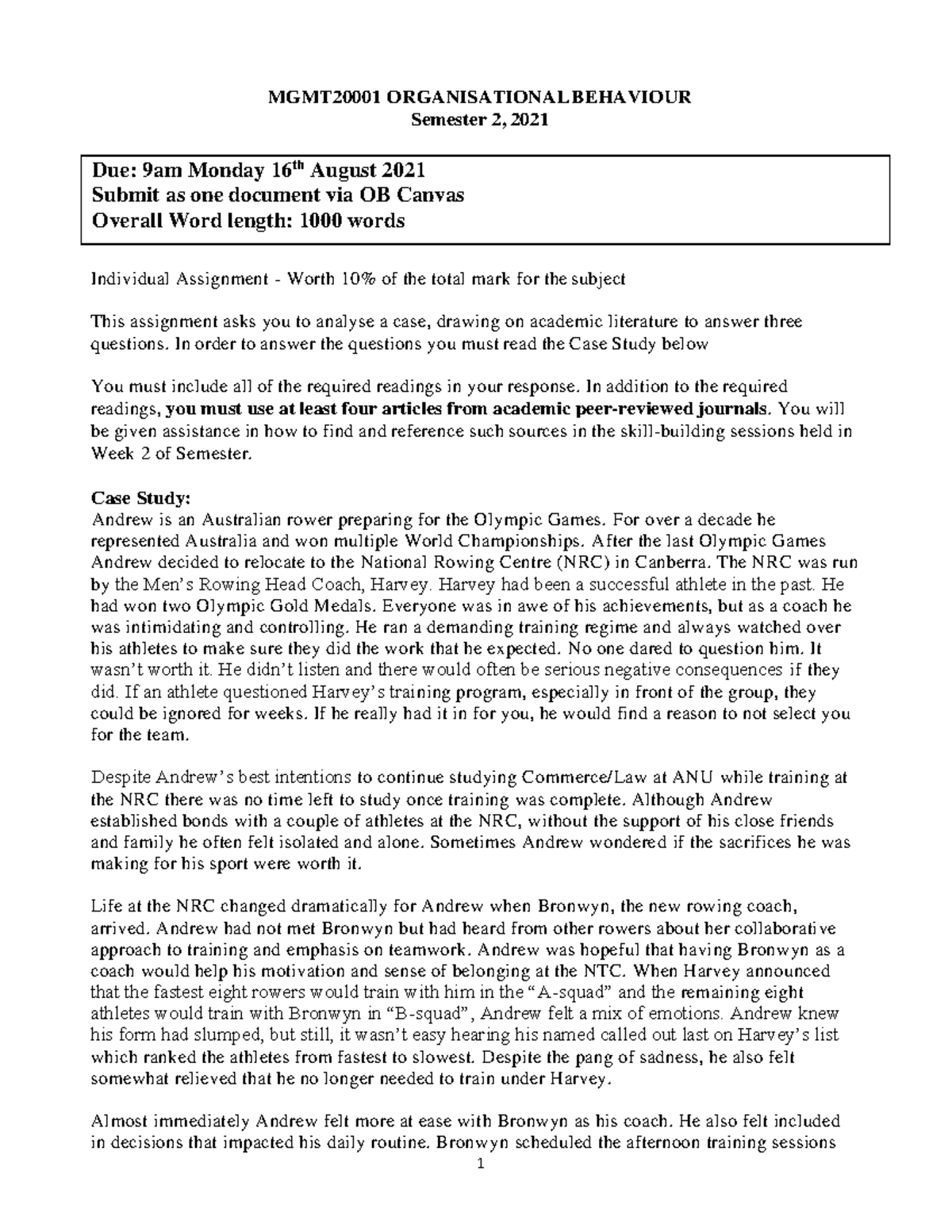 OB Individual Assignment 2021 - MGMT20001 ORGANISATIONAL BEHAVIOUR ...