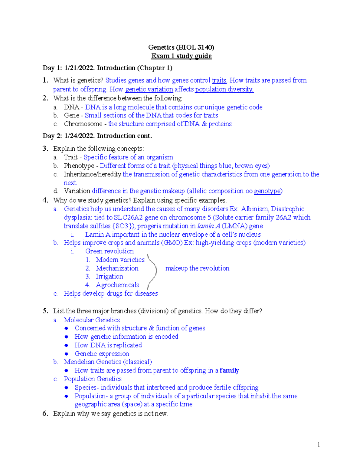 Genetics Exam 1 study guide spring 2022 answer key - Genetics (BIOL ...