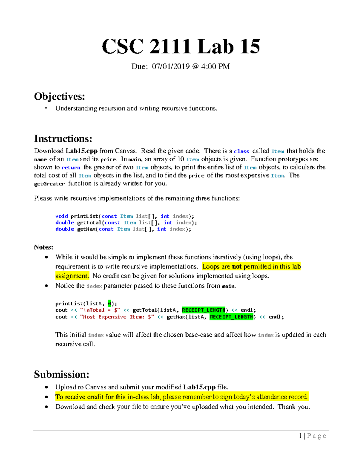 Lab15 Instructions - 1 | P a g e CSC 2111 Lab 15 Due: 07/01/2019 @ 4:00 ...